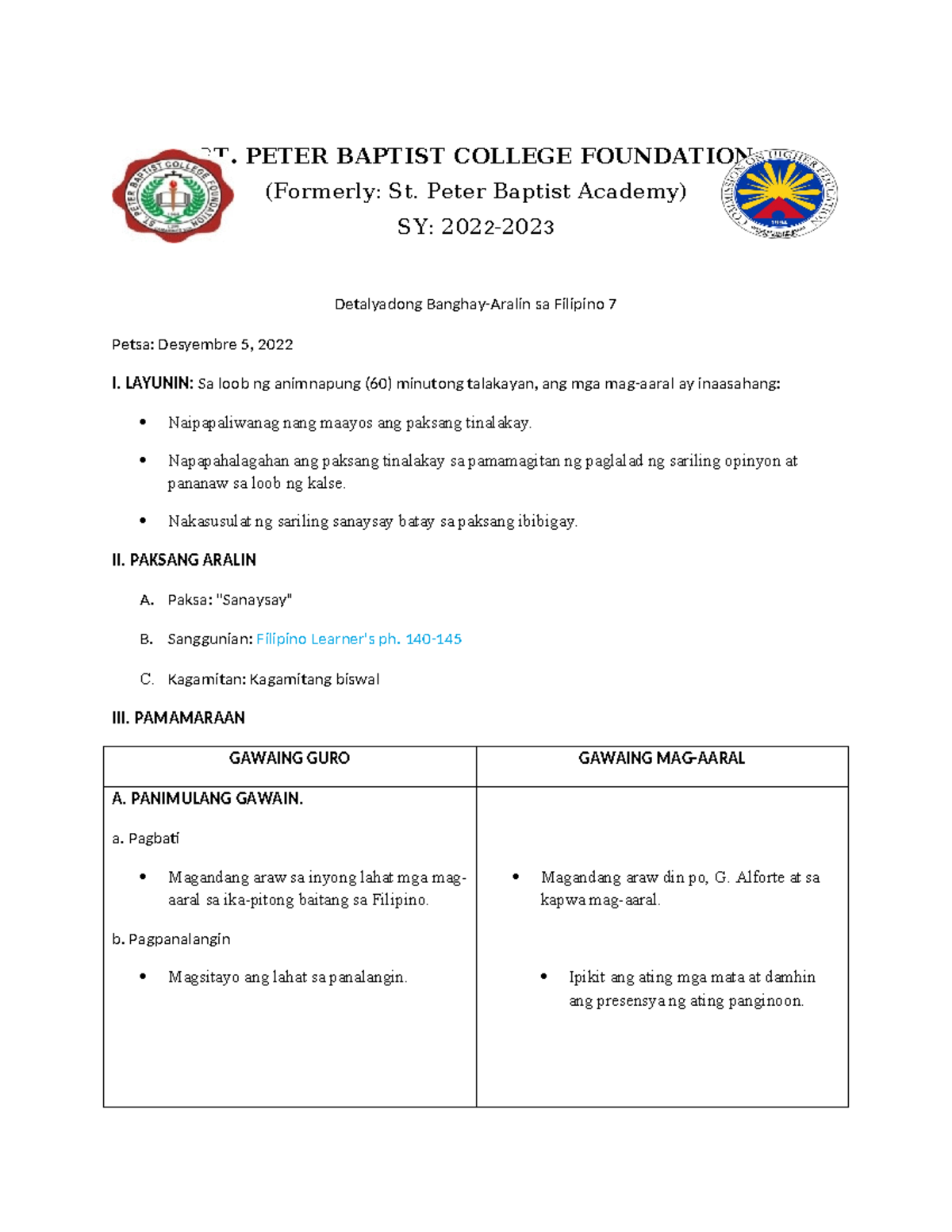 Lesson Plan, Pagsulat ng Sanaysay sa Filipino 7 - ST. PETER BAPTIST ...