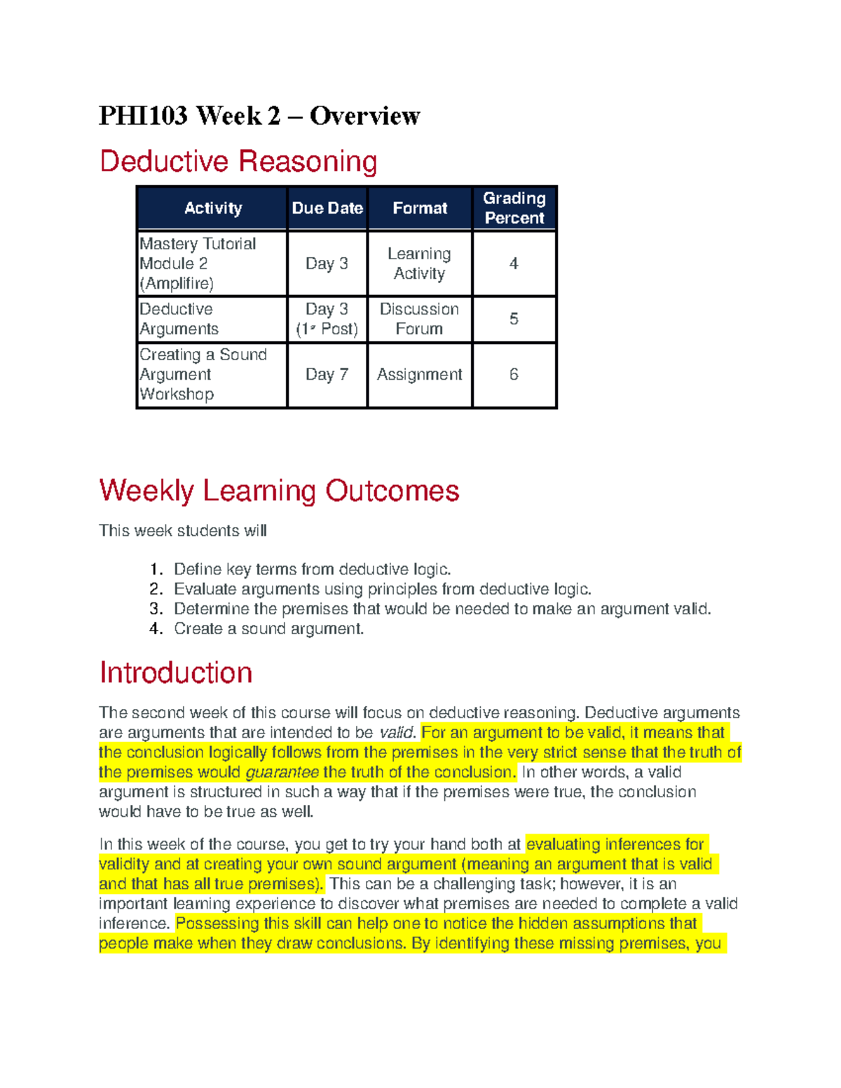 PHI103 Week 2 - Lecture notes Week 2 - PHI103 Week 2 – Overview Deducti ...