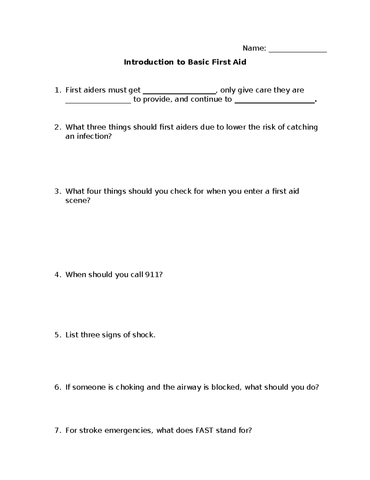 First Aid Worksheet - jncuenji - Name: ________________ Introduction to ...