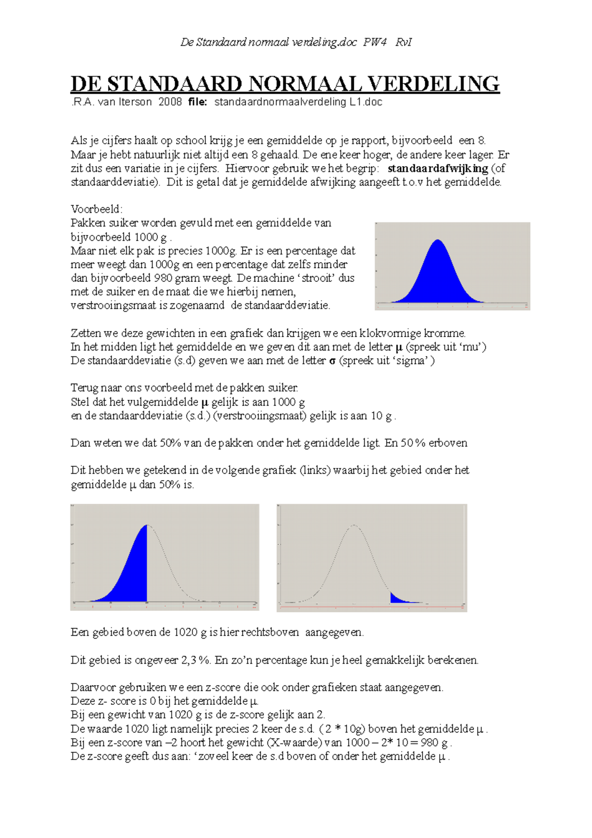 Basis statistiek - DE STANDAARD NORMAAL VERDELING .R. van Iterson 2008 ...