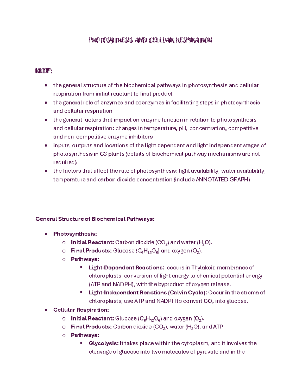 Biology SUMMARIES - PHOTOSYTHESIS AND CELLUAR RESPIRATION KKDP: the ...