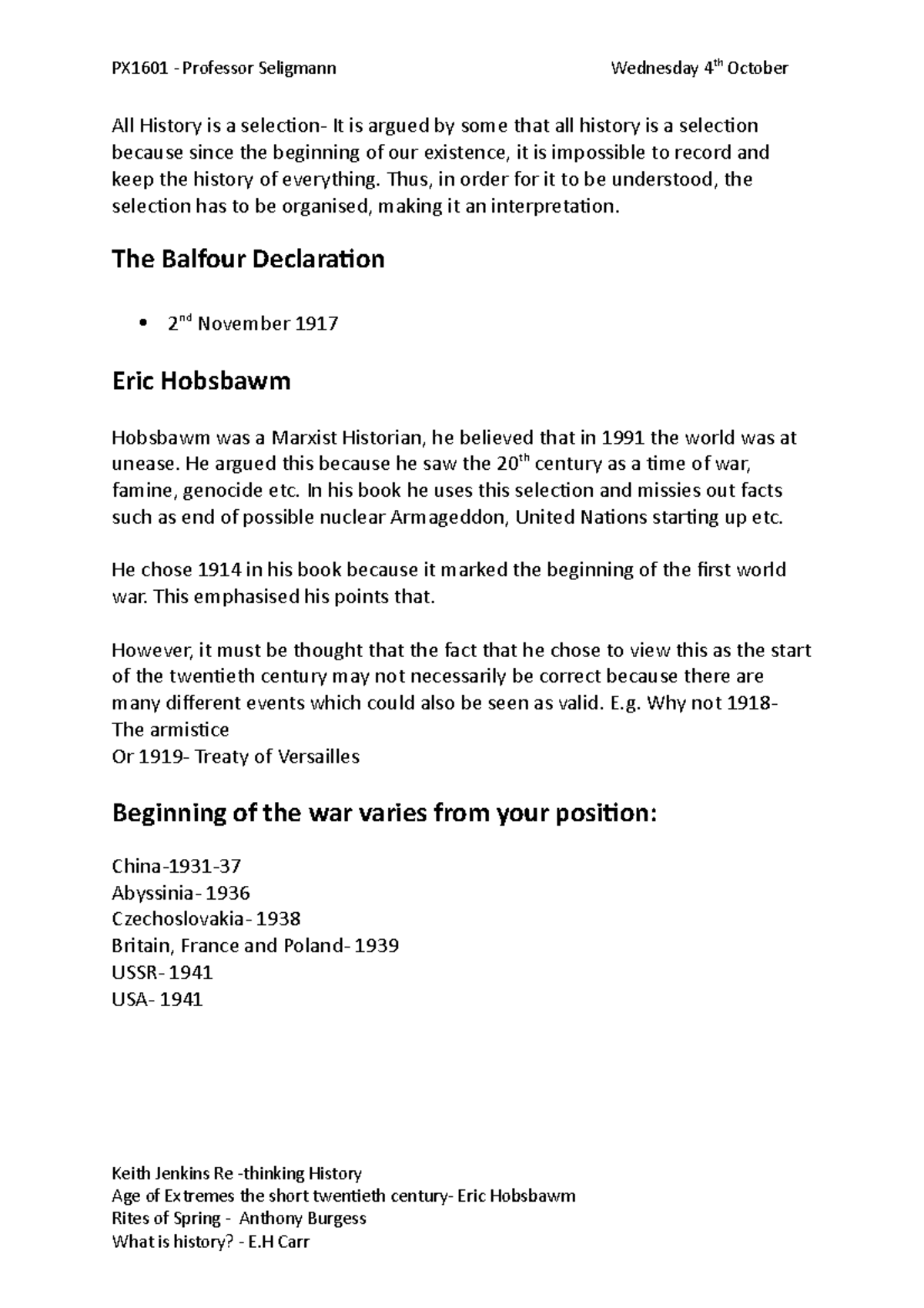 The Balfour Declaration - PX1601 Professor Seligmann Wednesday 4th ...