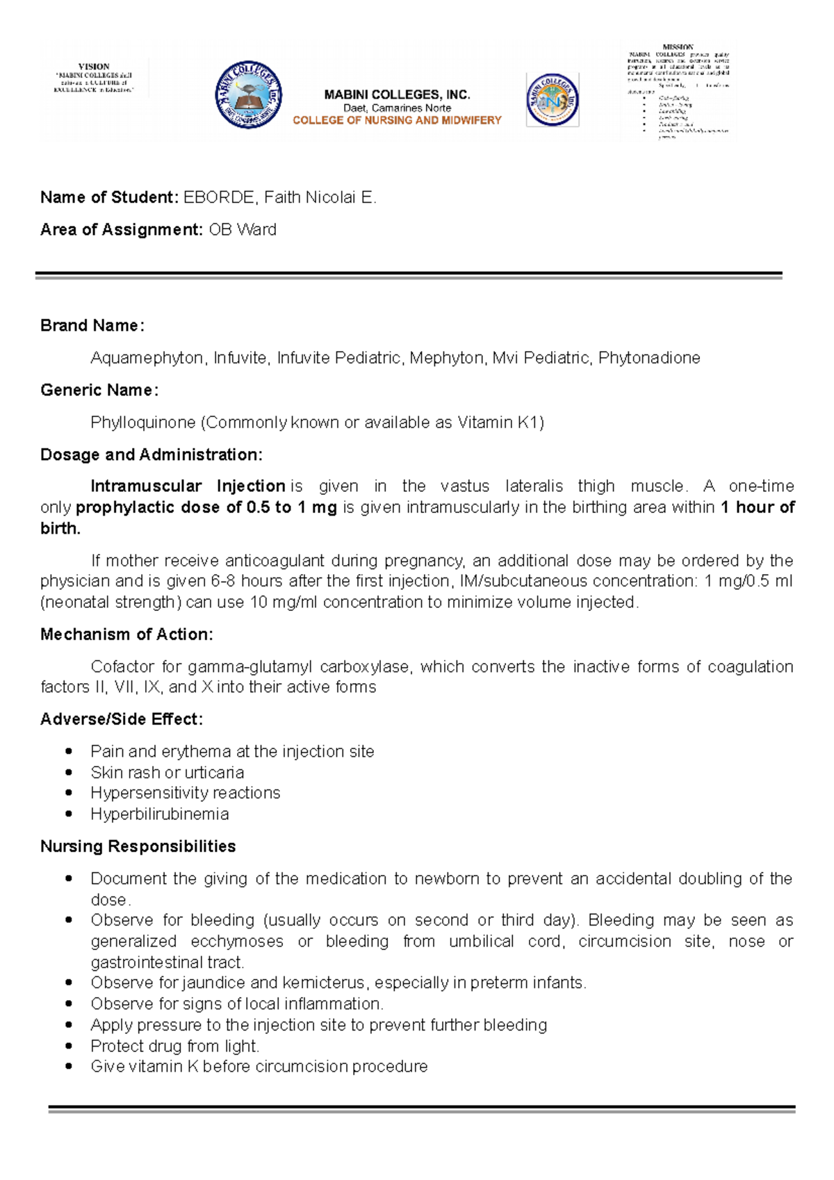 DRUG Study 1 - lol - Name of Student: EBORDE, Faith Nicolai E. Area of ...