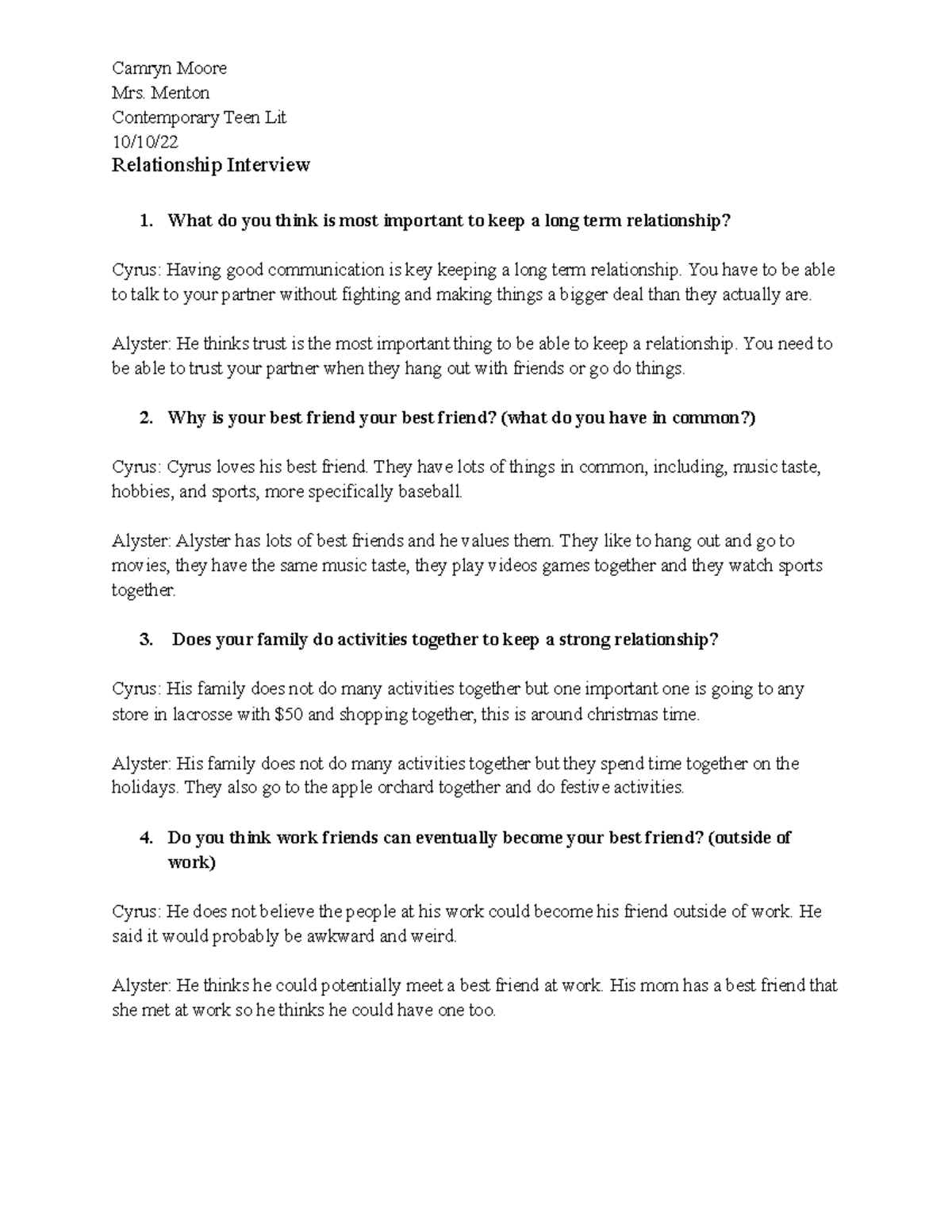 Moore- Relationship Interview - Mrs. Menton Contemporary Teen Lit 10/10 ...