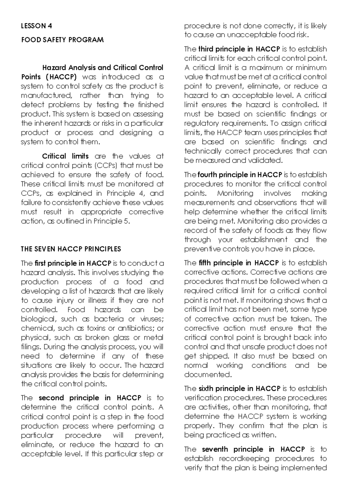 Finals Food Tech Reviewer - LESSON 4 FOOD SAFETY PROGRAM Hazard ...