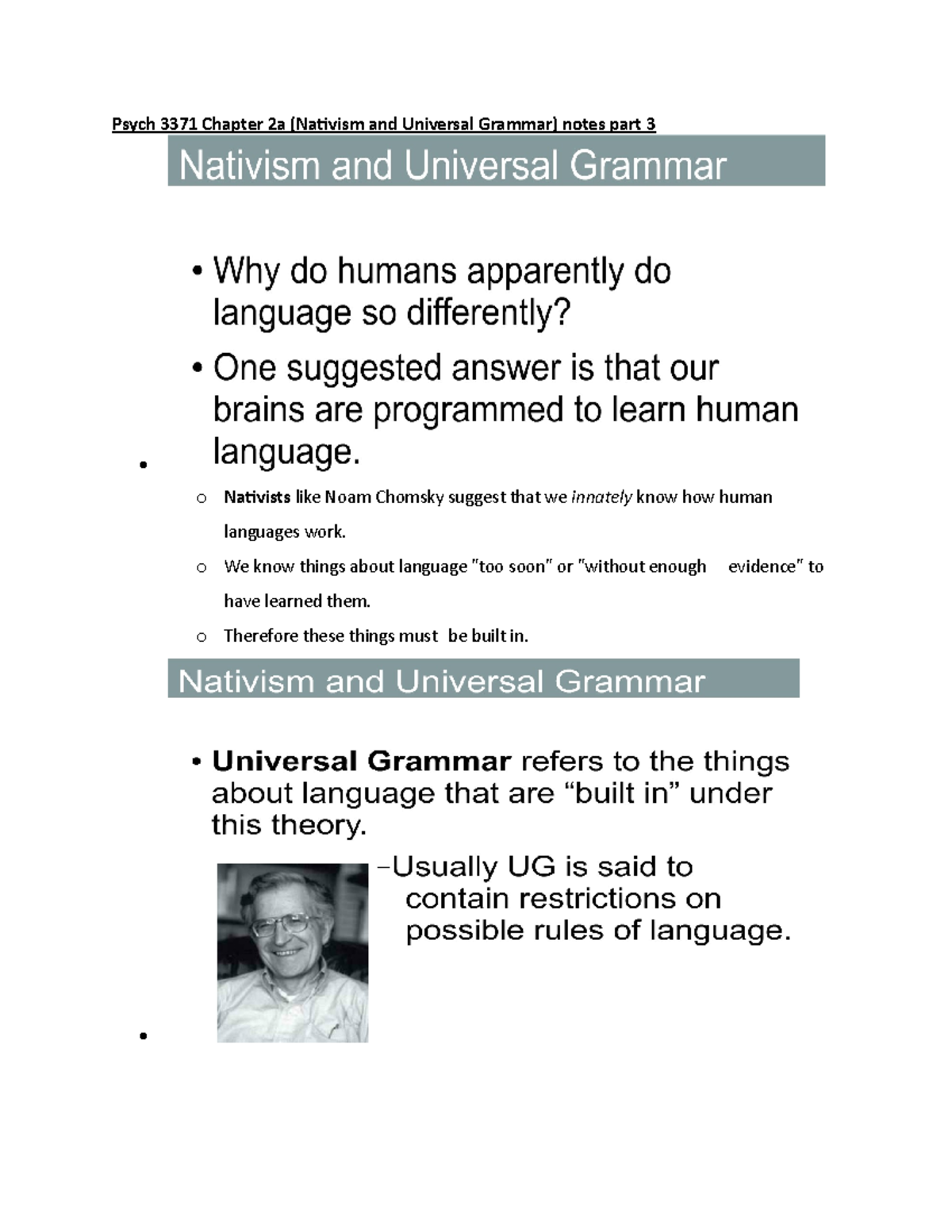 Psych 3371 Chapter 2a (Nativism and Universal Grammar) notes part 3 - o ...