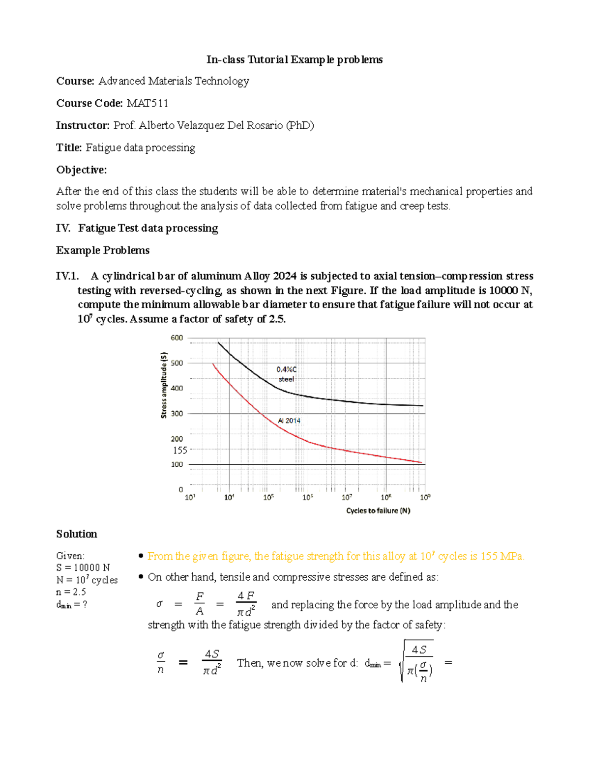 Fatigue Test Data Processing - In-class Tutorial Example problems ...