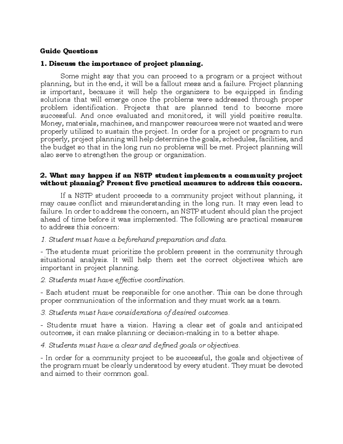 Project Planning, Management, Monitoring, & Evaluation Guide Questions ...