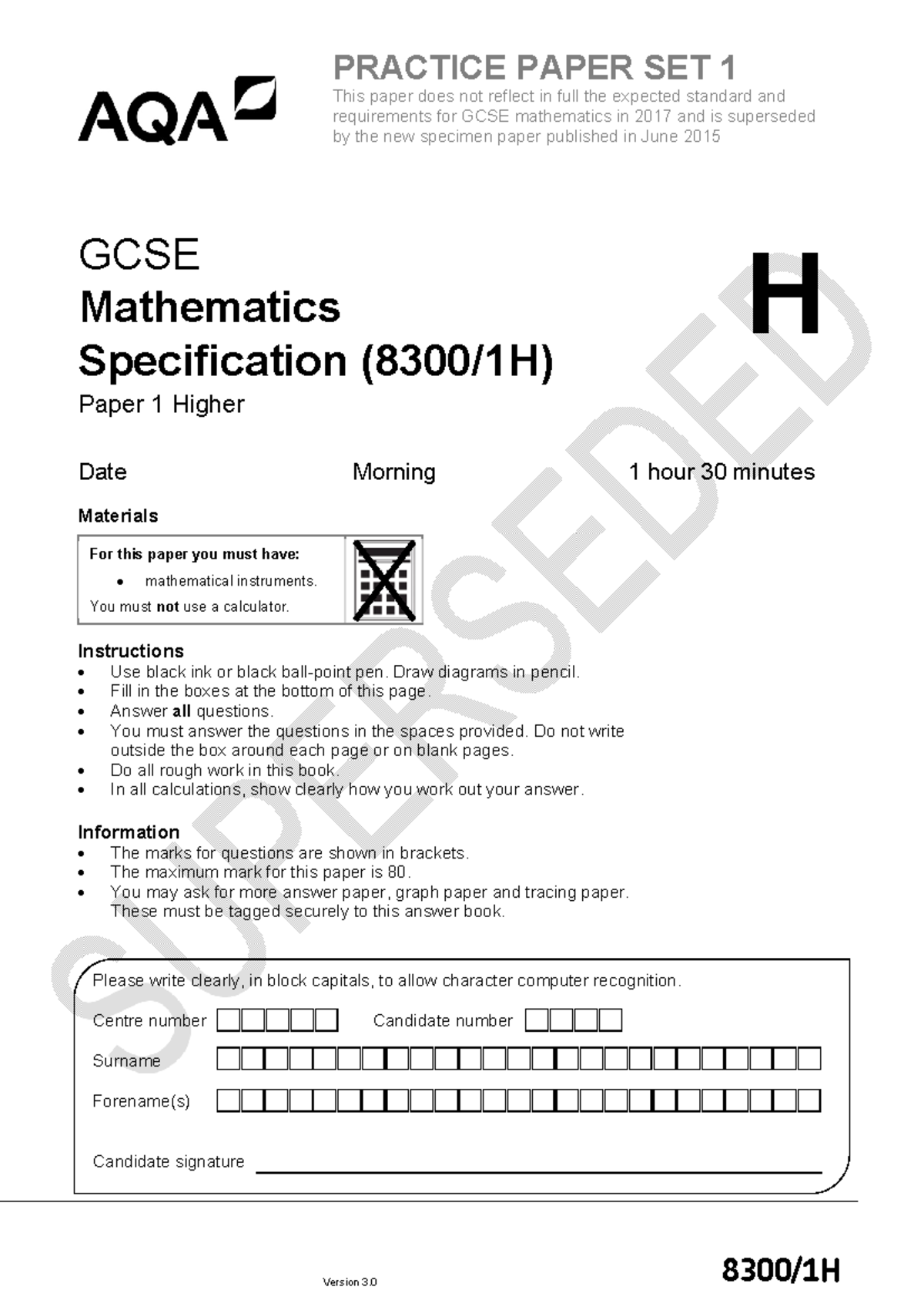 Paper 1 Question Paper - Version 3 8300/1H GCSE Mathematics ...