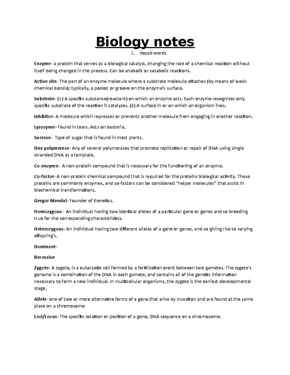 Biology notes - Biology notes Vocab words Enzyme- a protein that serves ...