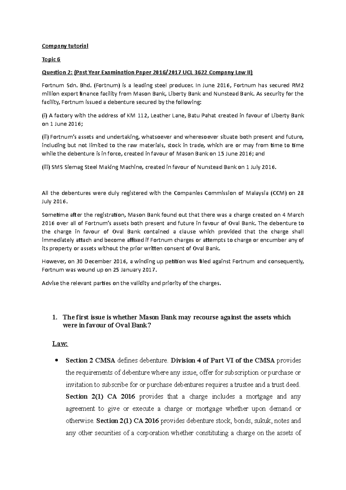 Full answer topic 6 Q2 - CMSA - Company tutorial Topic 6 Question 2: (Past Year Examination ...