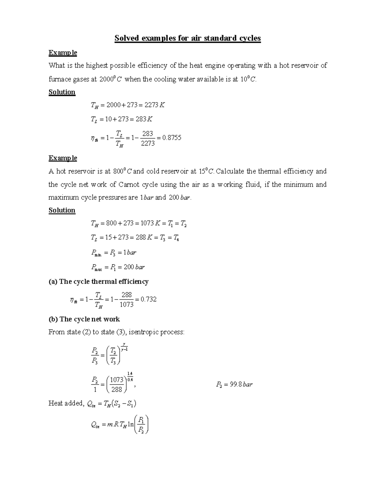 3- Solved examples in air standard cycles - Solved examples for air standard cycles Example What ...
