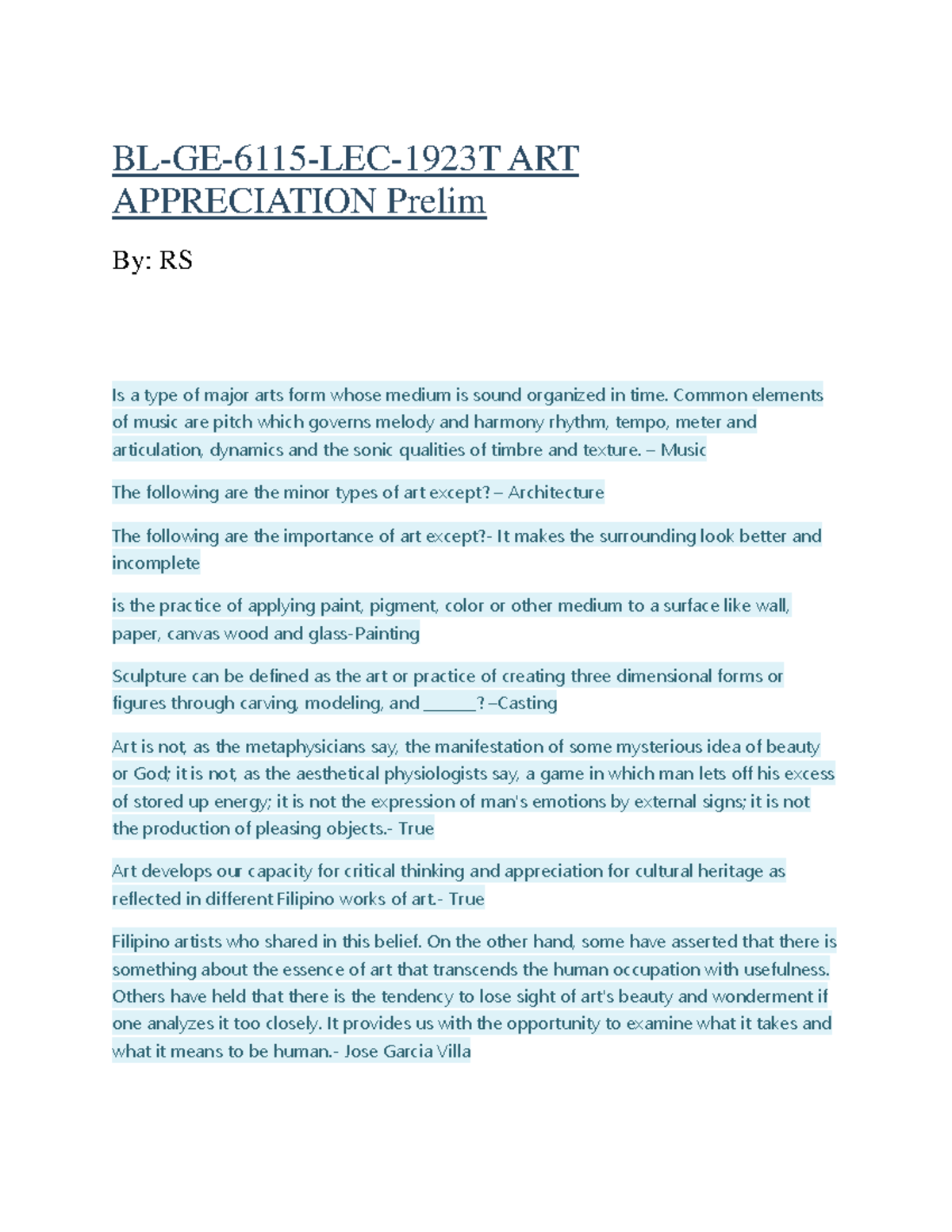 Pdfcoffee - QUIZ AND EXAM - BL-GE- 6115 - LEC-1923T ART APPRECIATION Prelim By: RS Is a type of ...