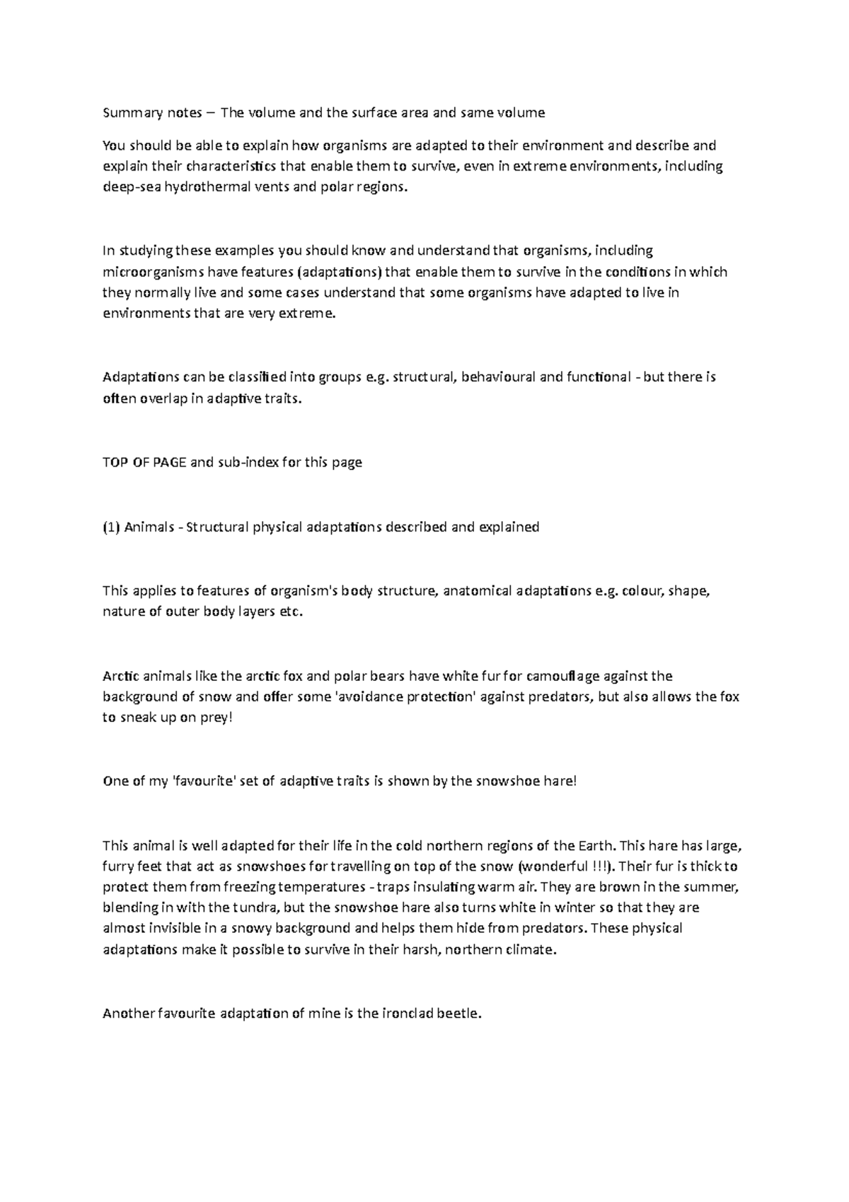 Summary notes – The volume and the surface area and same volume - n in ...