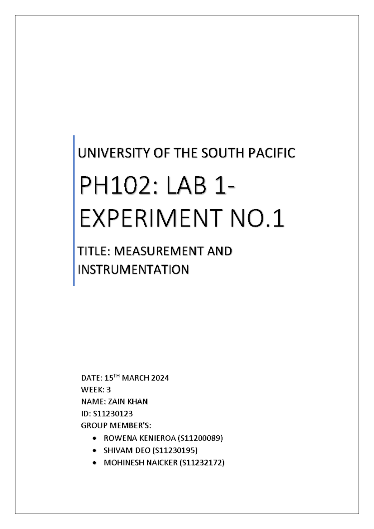 PH102 Lab 1 week 3 - Do not copy and paste - UNIVERSITY OF THE SOUTH ...