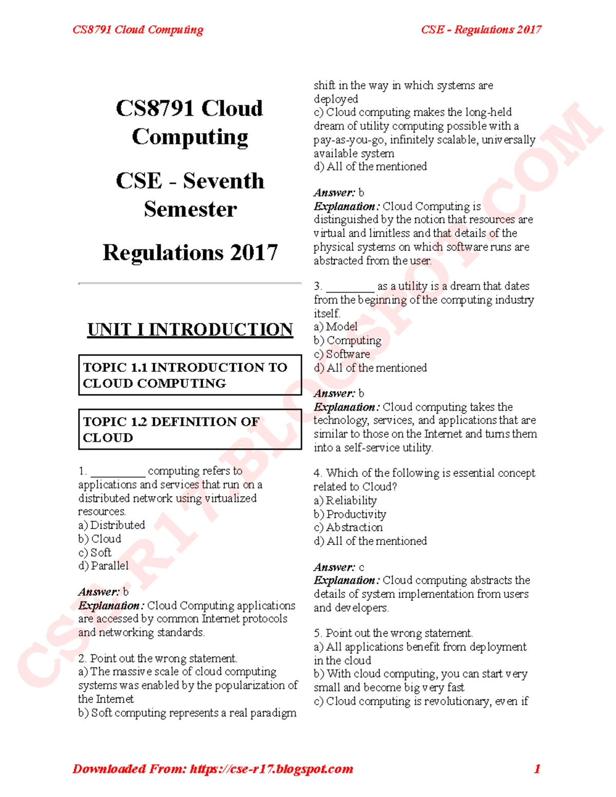 CS8791 Cloud Computing - CS8791 Cloud Computing CSE - Seventh Semester Regulations 2017 UNIT I ...