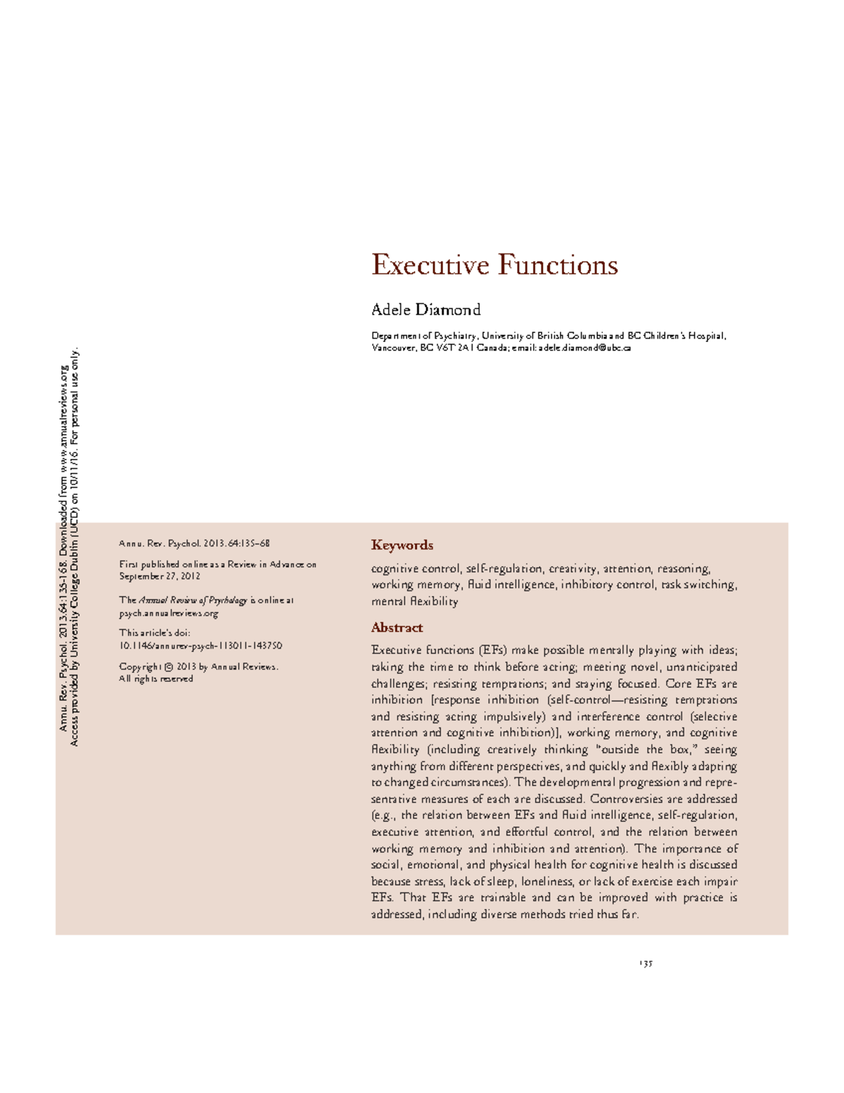1. Diamond - 2013 - Executive Functions - Executive Functions Adele Diamond Department of - Studocu