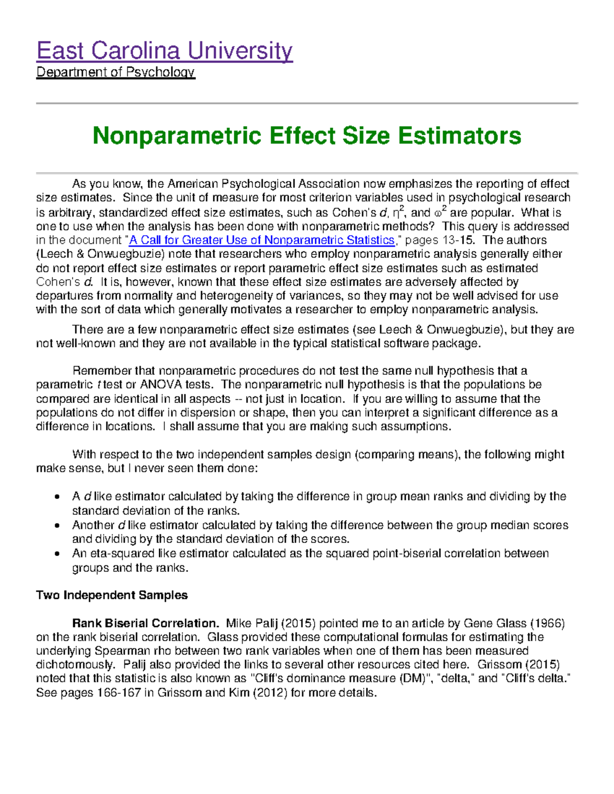 Nonparametric Effect Size Estimators Since The Unit Of Measure For Most Criterion Variables