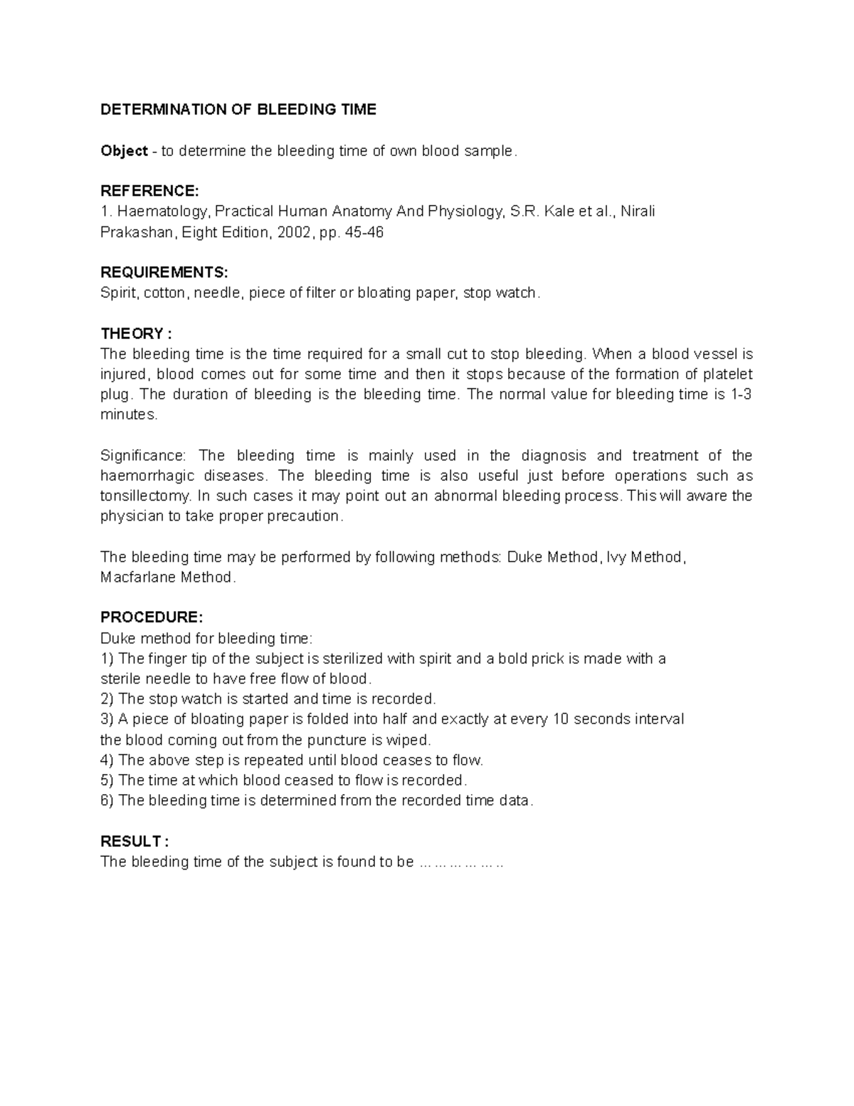 Bleeding TIME Experiment - DETERMINATION OF BLEEDING TIME Object - to ...