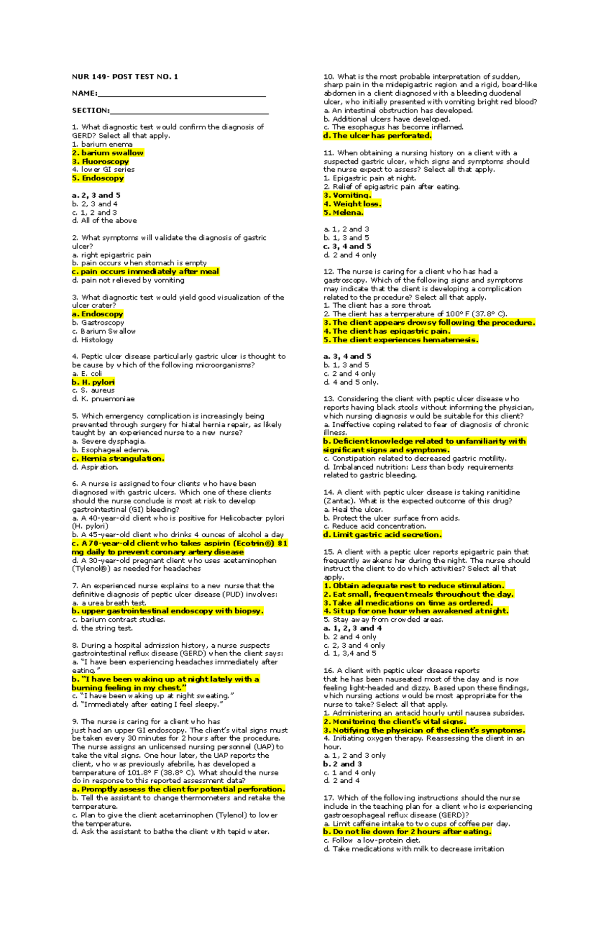 NUR 149 POST TEST 1 1 - NUR 149 - MEDICAL SURGICAL II - NUR 149- POST ...