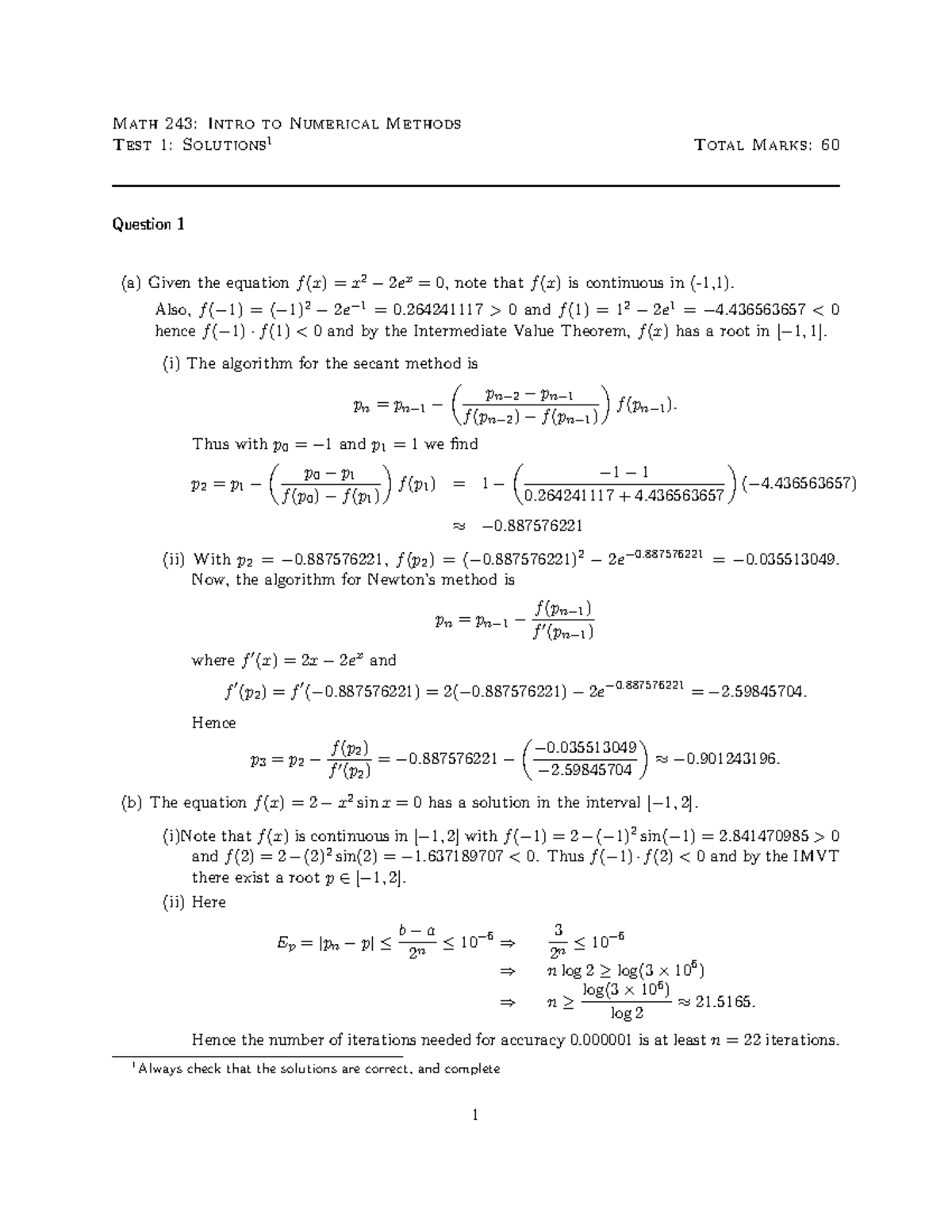 Math243-2018 Test1 Solutions - Math 243: Intro to Numerical Methods ...