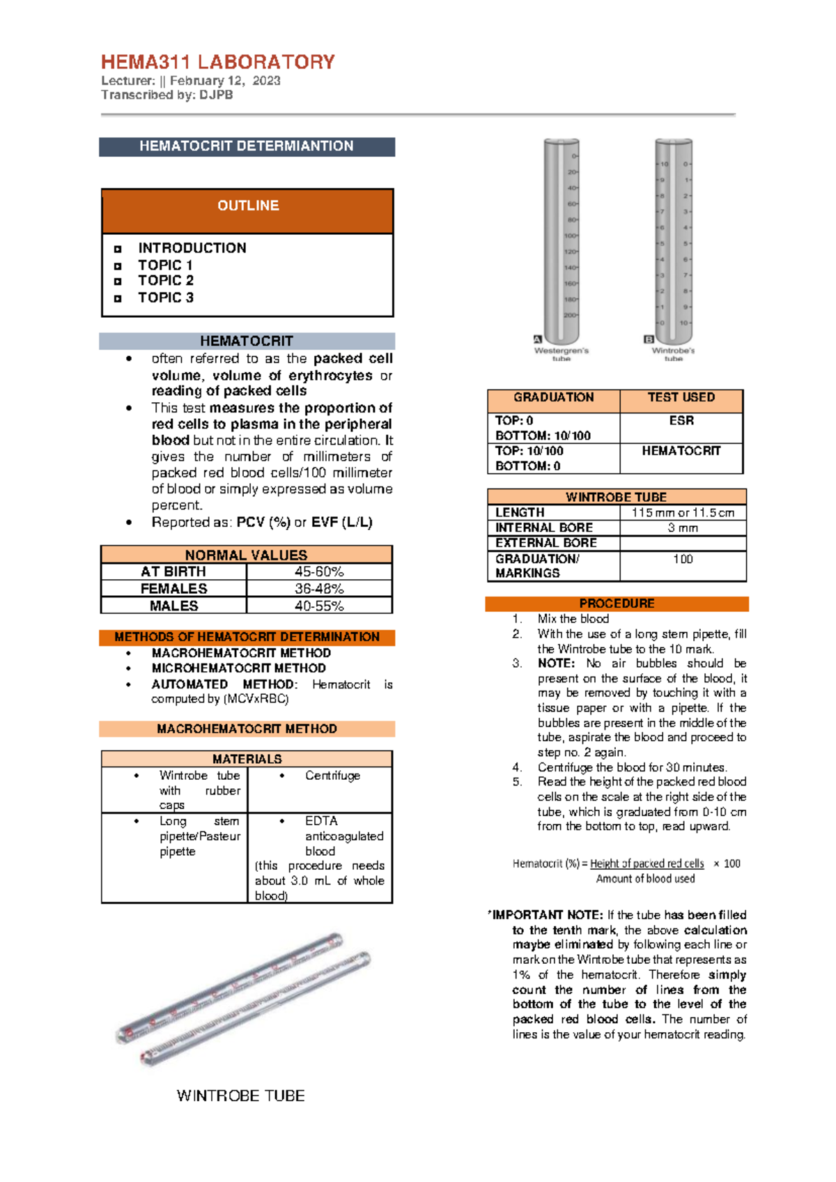 HEMA311 LAB Trans HCT Determination - HEMA311 LABORATORY Lecturer ...