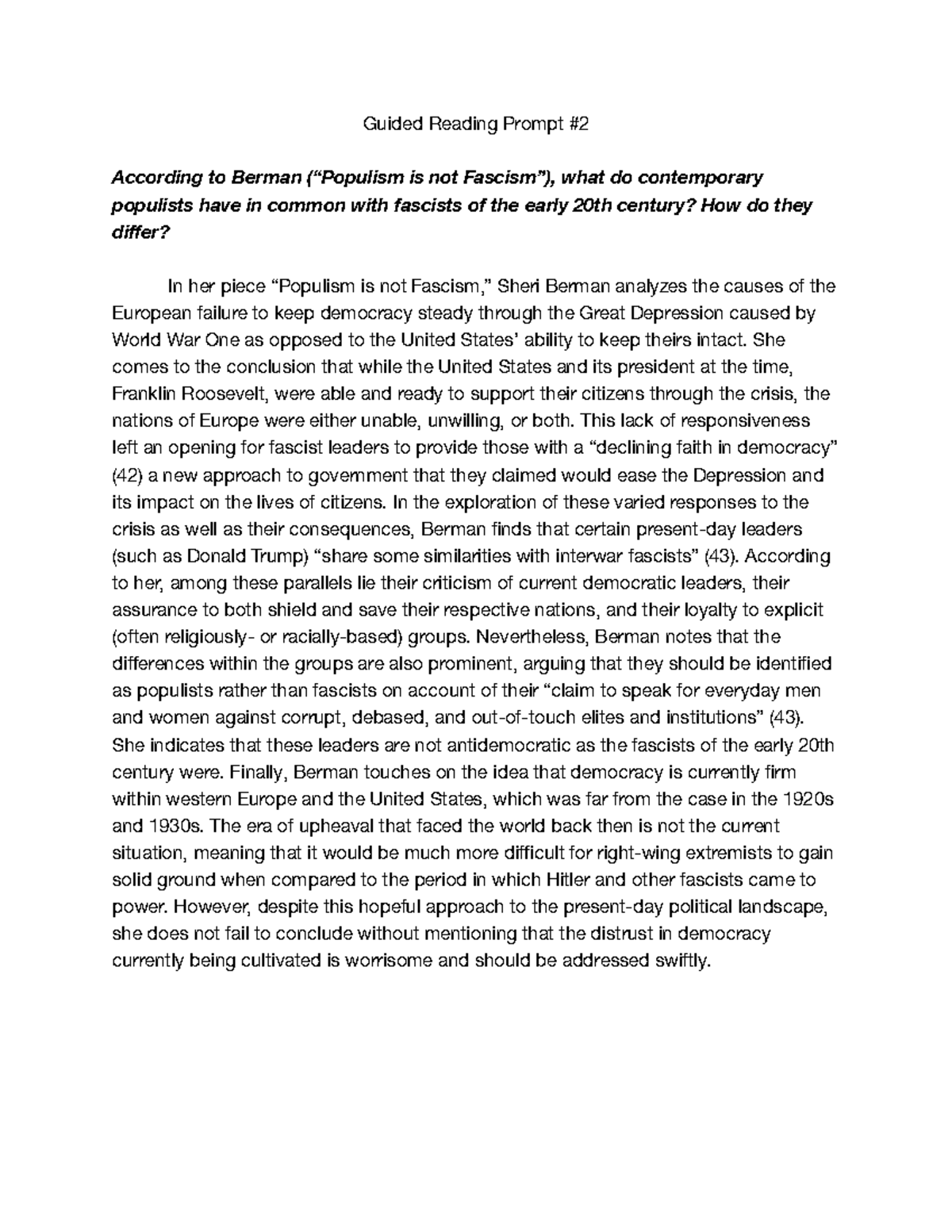 Guided Reading Prompt - “Populism is not Fascism" - Guided Reading ...