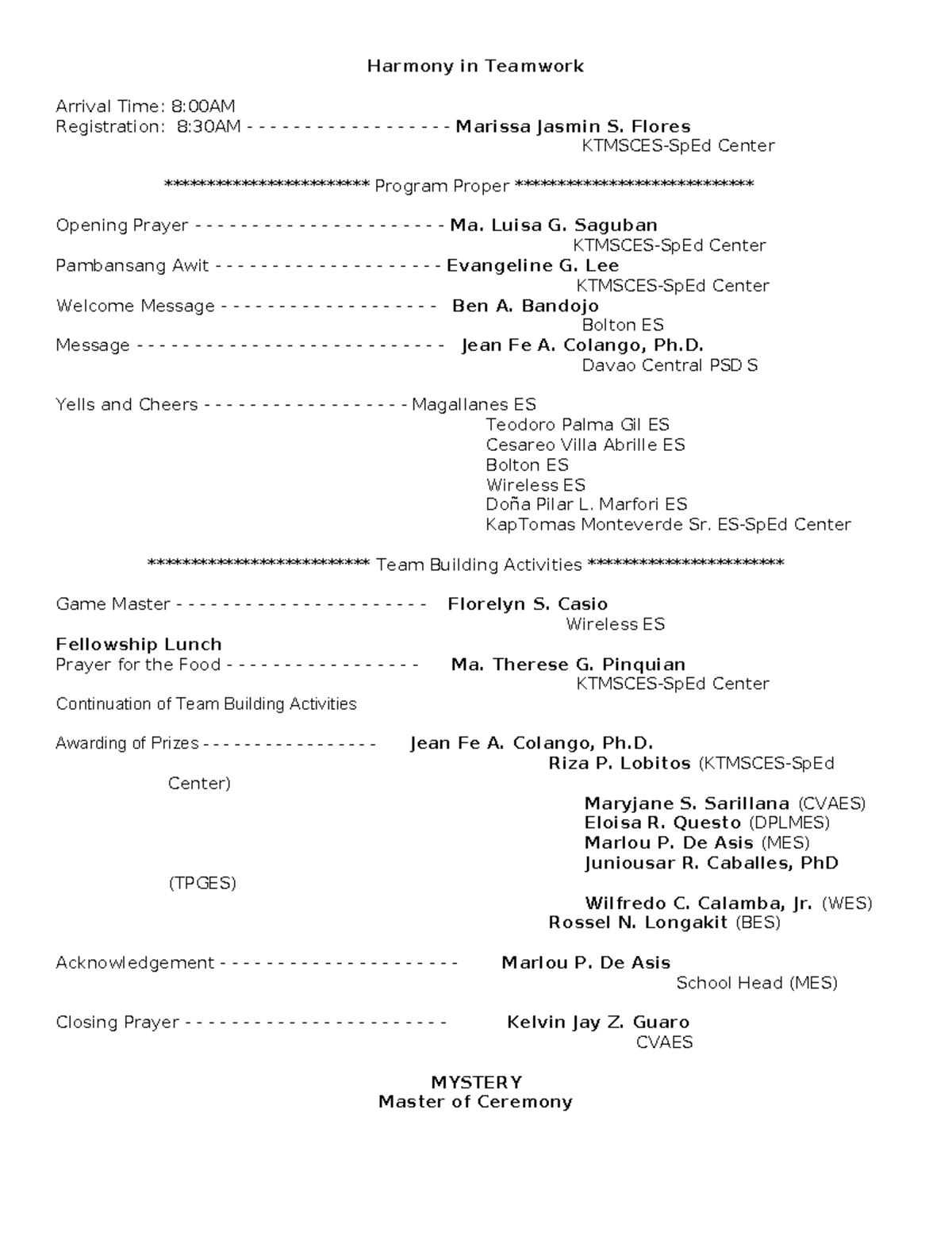 MT-Teambuilding May-2024 - Harmony in Teamwork Arrival Time: 8:00AM ...