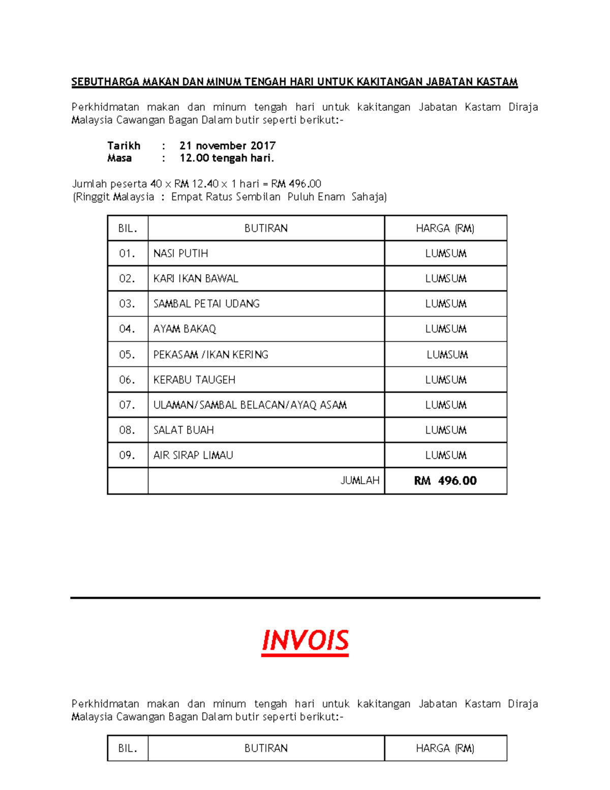 Sebut Harga TOK ESAH Katering - SEBUTHARGA MAKAN DAN MINUM TENGAH HARI ...