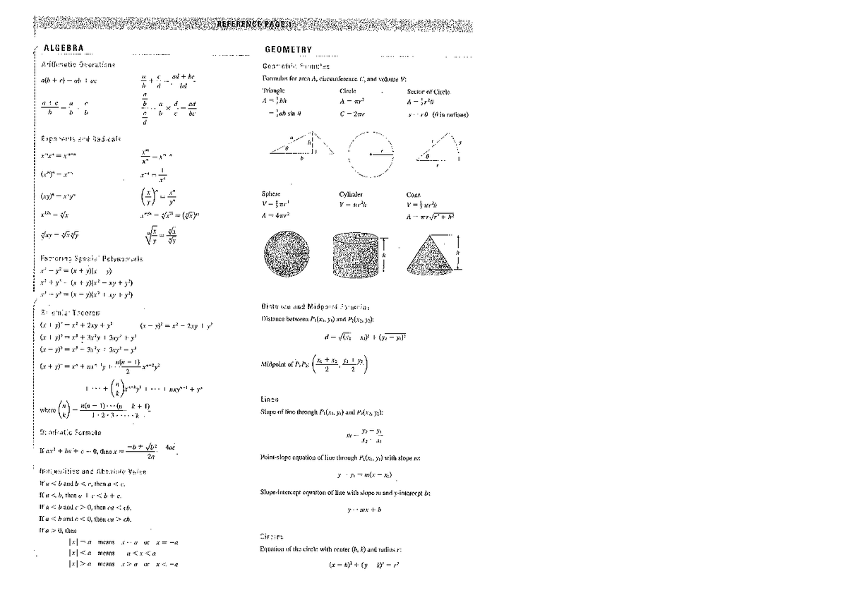 Calculus I Exam Reference Pages - ' ALGEBRA AdthrneHG OperaHons a(b+c ...
