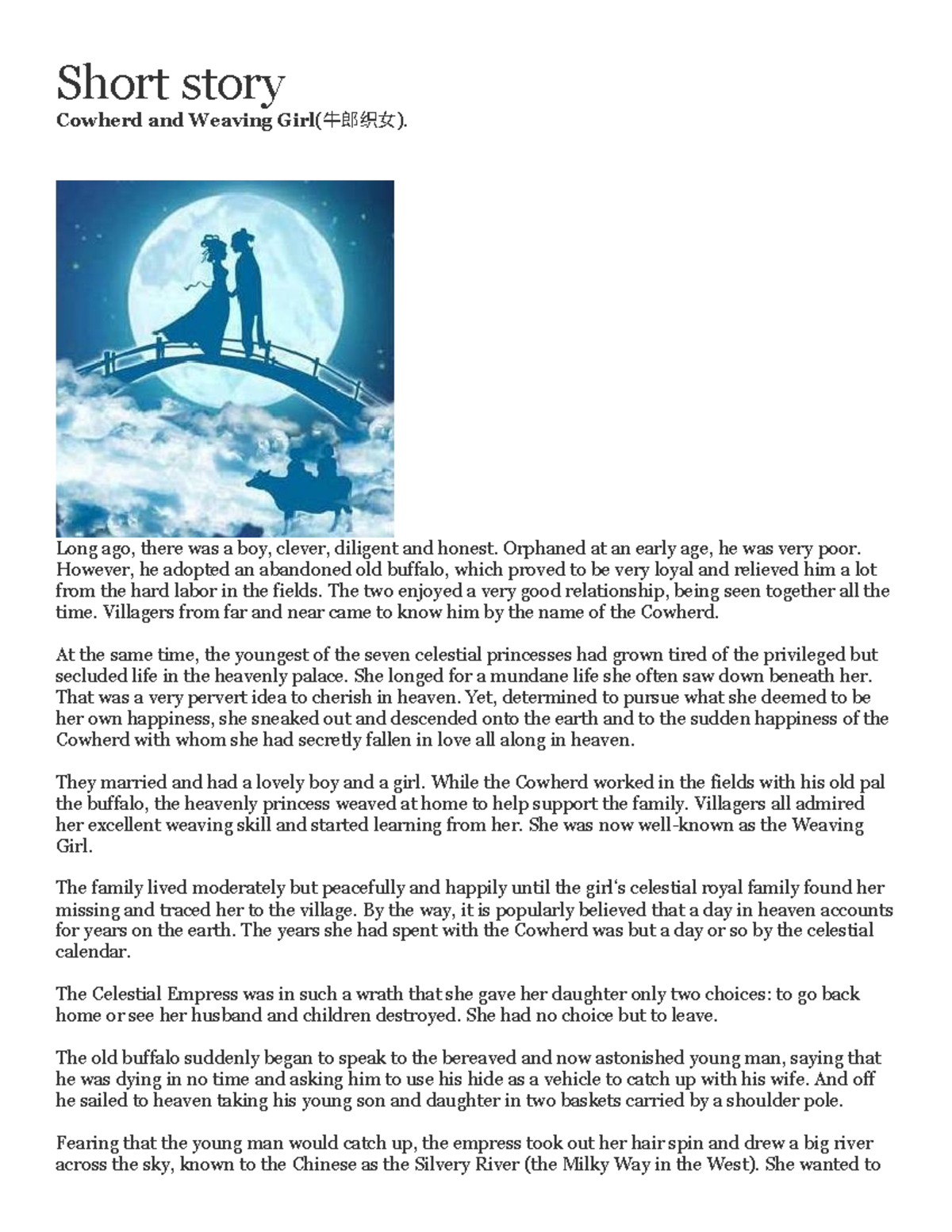 Short story - NOTE - Short story Cowherd and Weaving Girl(牛郎织女). Long ...