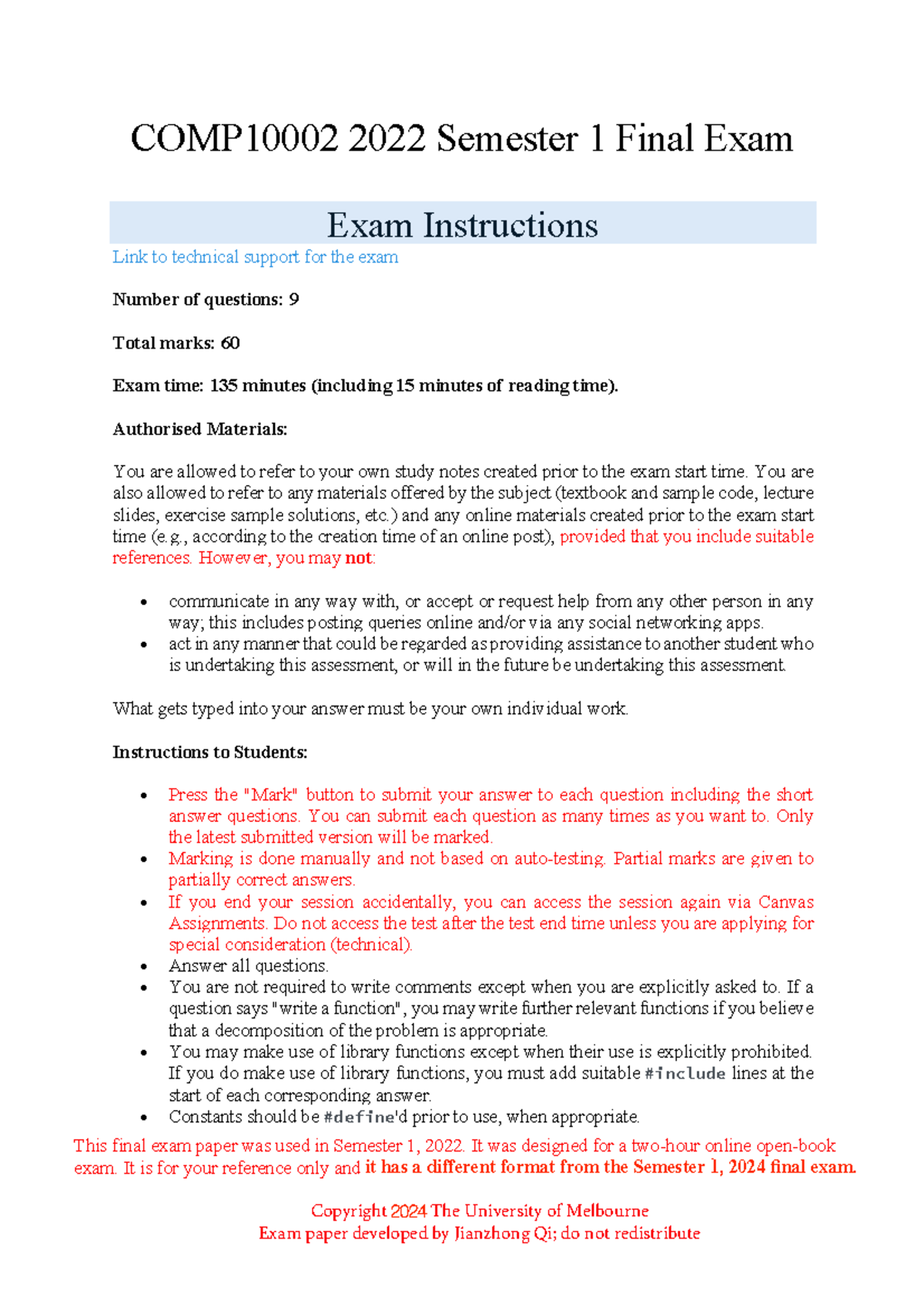 Past exam 2022 - Sample Papers - COMP10002 2022 Semester 1 Final Exam ...