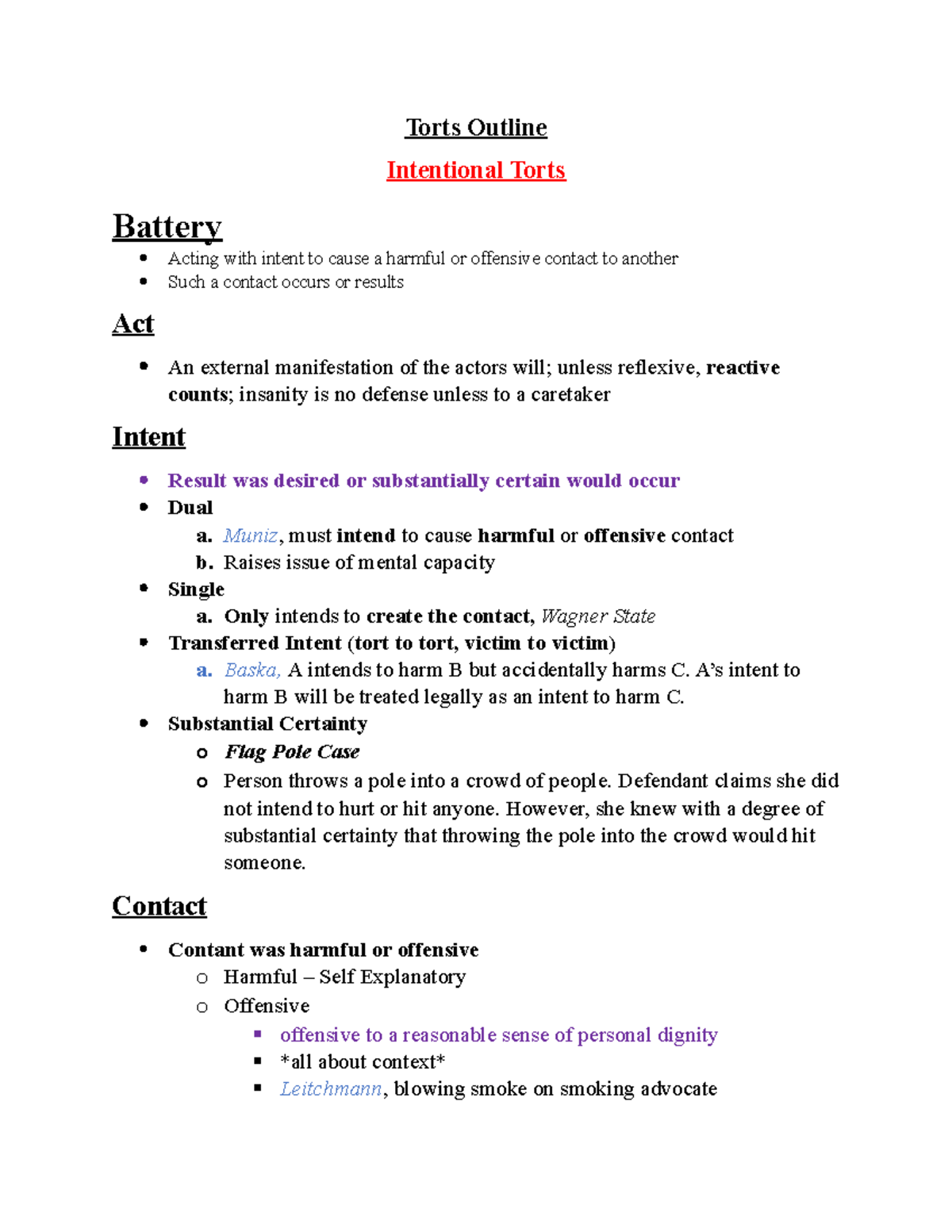 Torts Outline Wallace Wolf - Torts Outline Intentional Torts Battery ...