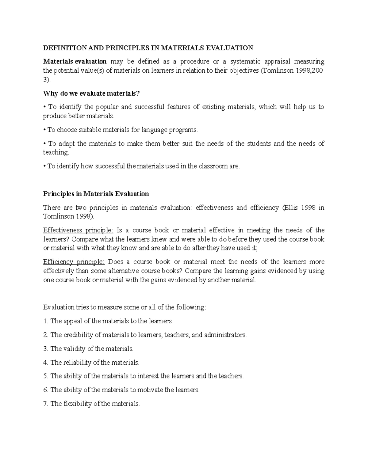 Definition and Principles in Materials Evaluation - DEFINITION AND PRINCIPLES IN MATERIALS - Studocu