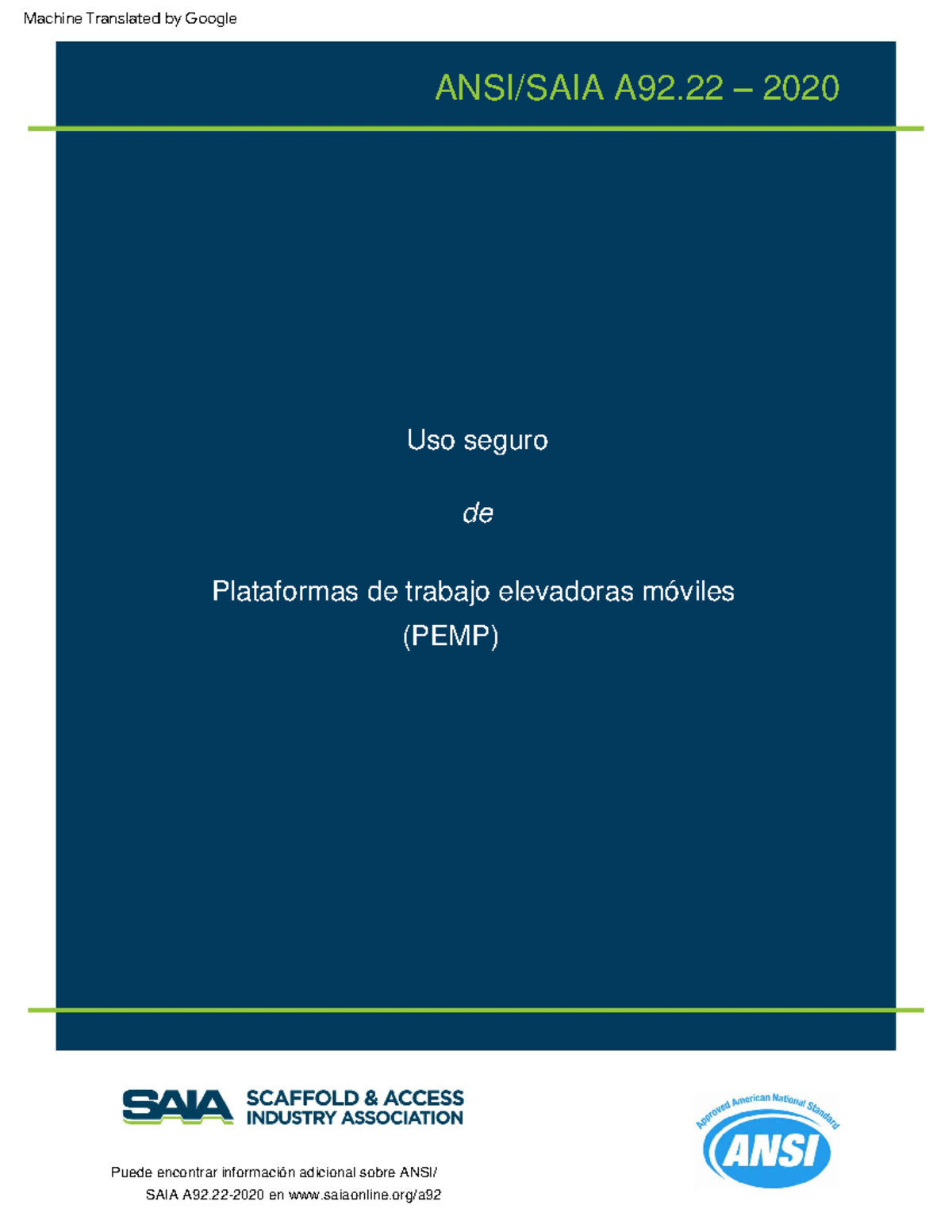 ANSI SAIA A92.22 2020-1 - ANSI/SAIA A92 – 2020 Uso seguro de (PEMP ...