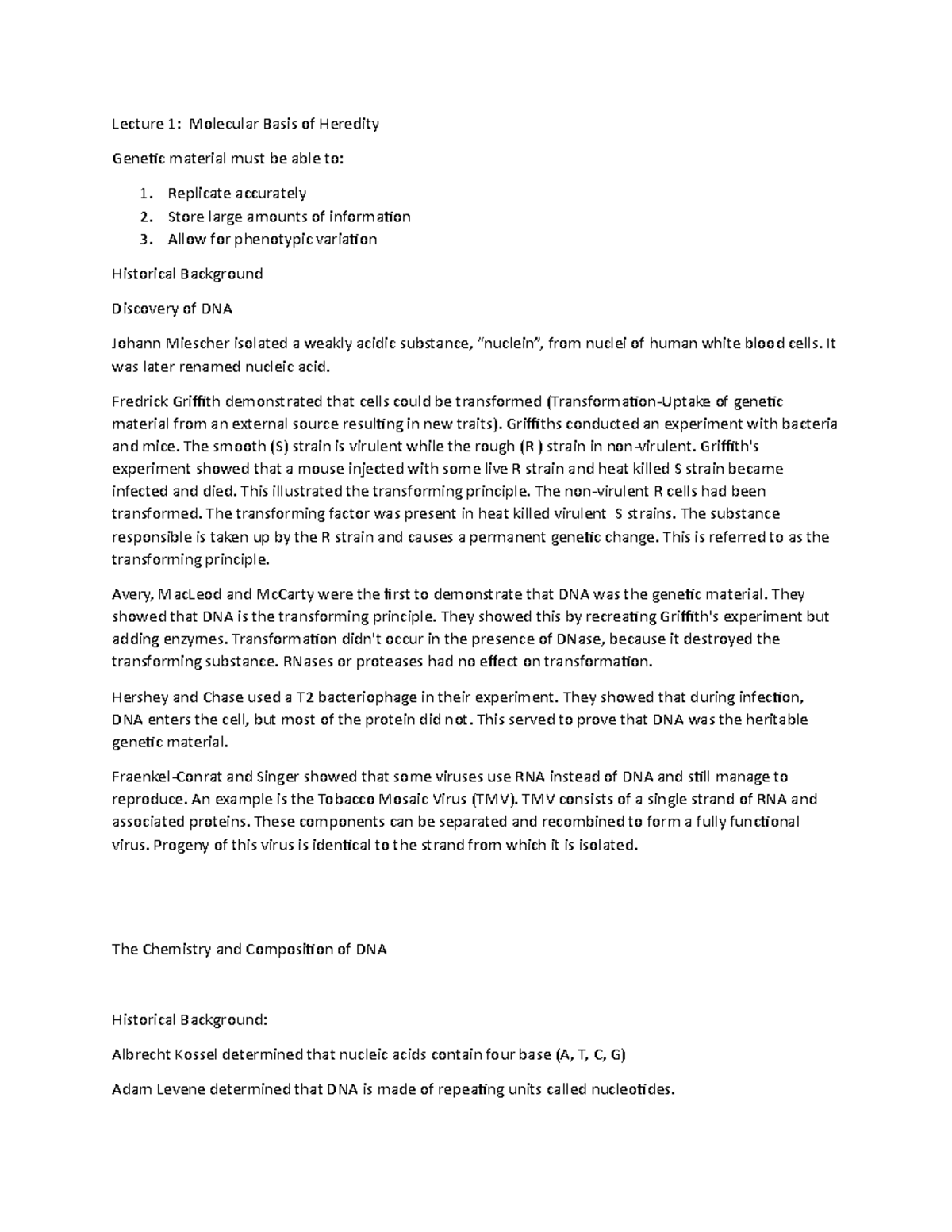 Genetics - Lecture notes Section 2 (1-10) - Lecture 1: Molecular Basis ...