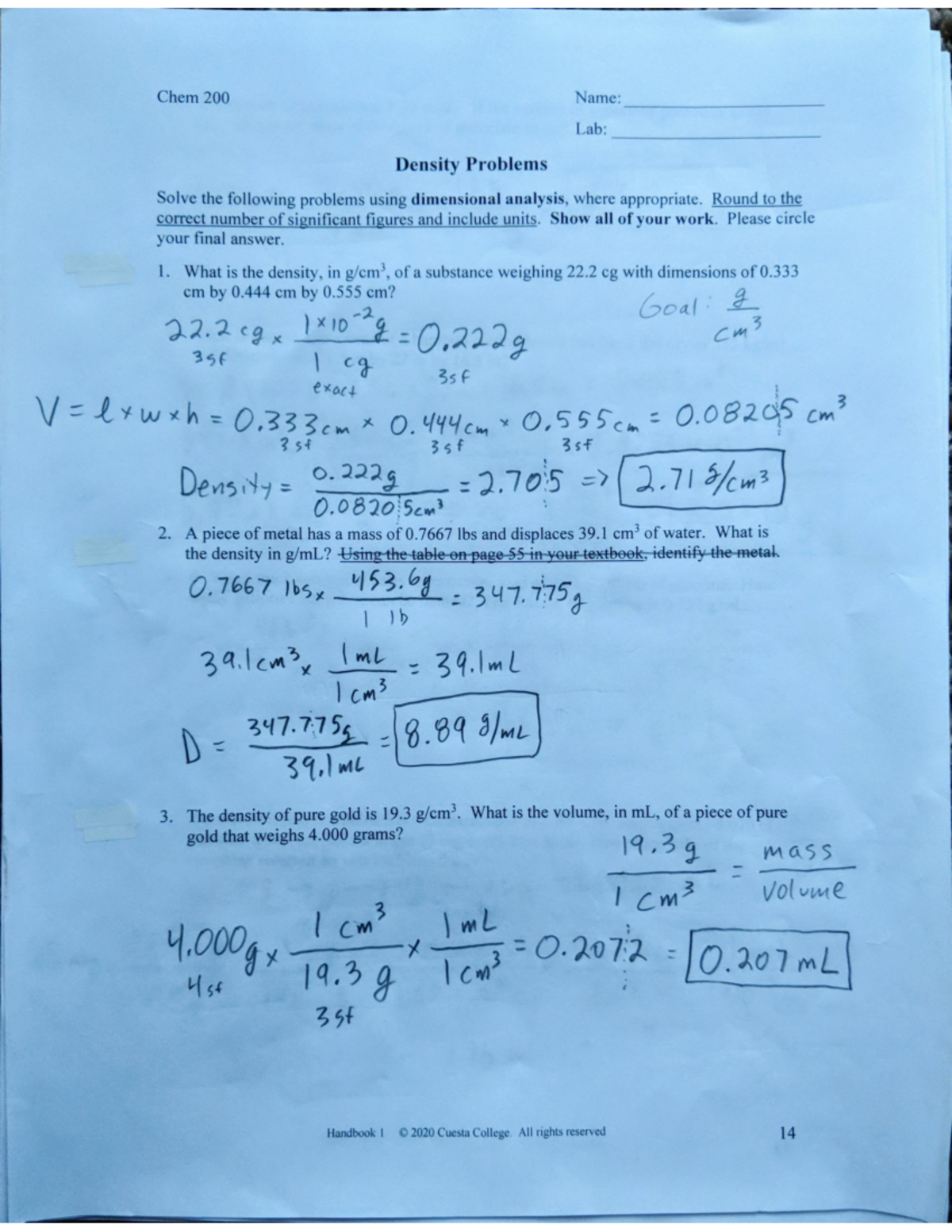 Density Problems FAL Key Spring 2021 - Chem 200 Name: _ is Density ...