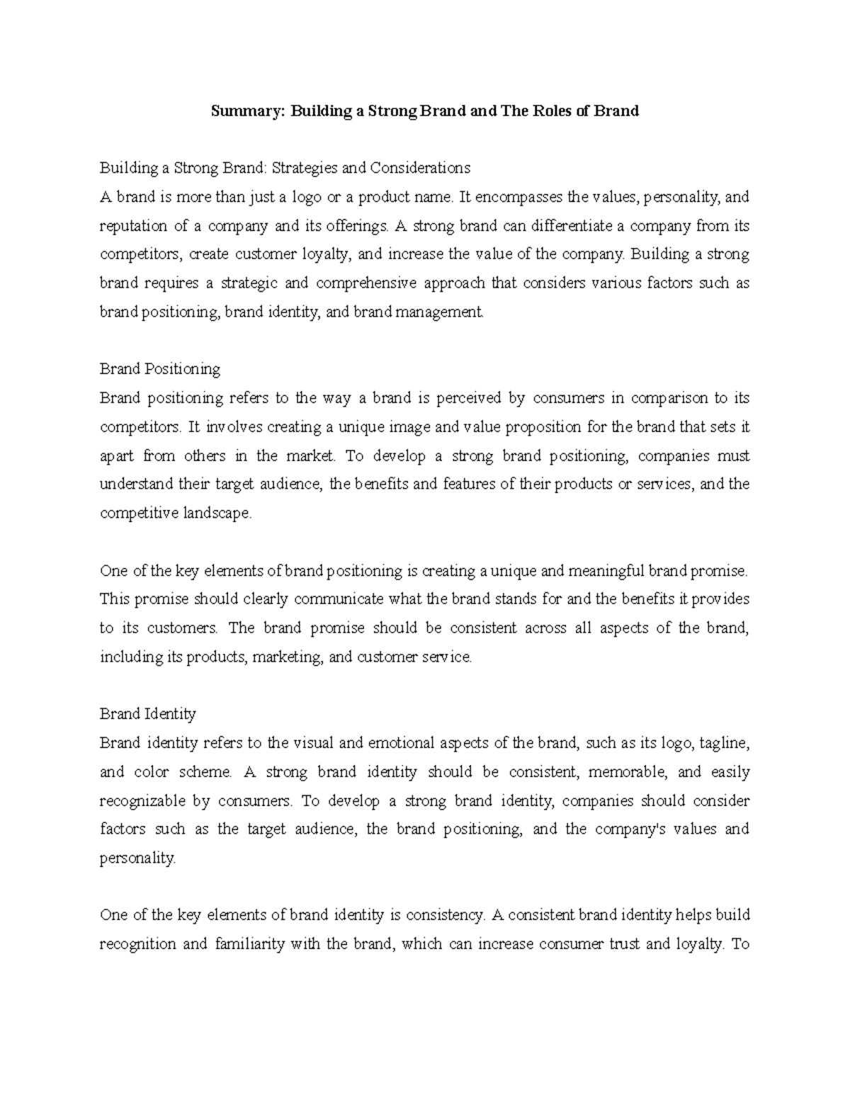 Summary Building a Strong Brand and The Roles of Brand Summary Building ...