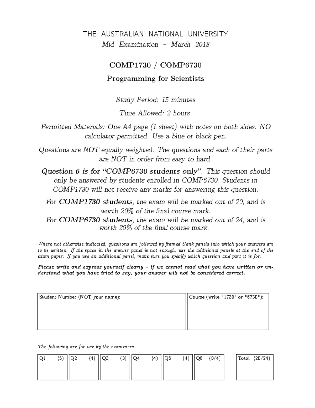 2018-Mid Sem Exam - THE AUSTRALIAN NATIONAL UNIVERSITY Mid Examination – March 2018 COMP1730 ...