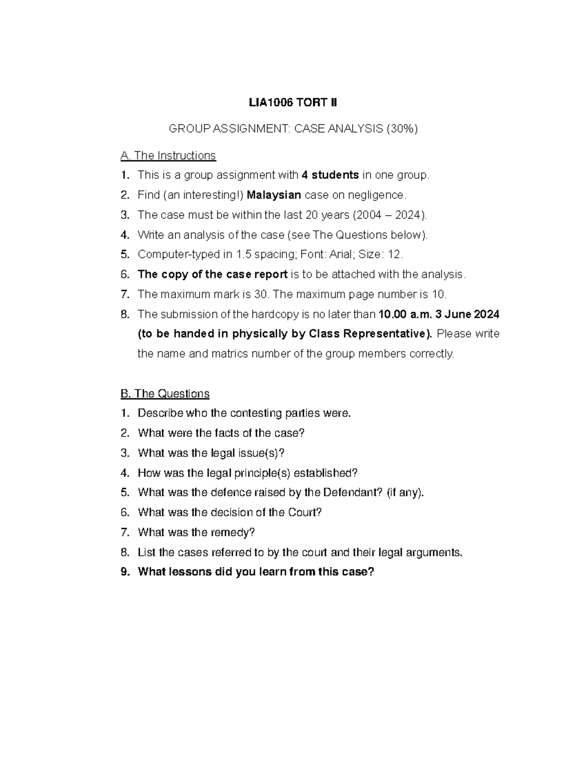 LIA 1006 - Group Assignment Instructions - LIA1006 TORT II GROUP ASSIGNMENT: CASE ANALYSIS ( 3 0 ...