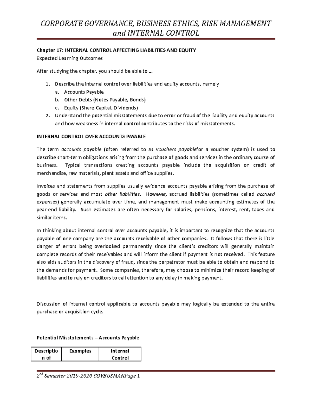 gov in business - and INTERNAL CONTROL Chapter 17: INTERNAL CONTROL AFFECTING LIABILITIES AND ...