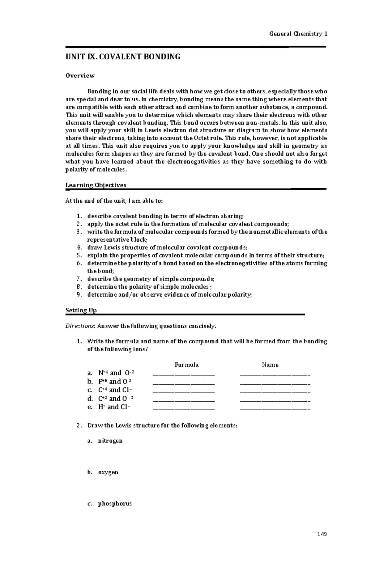Module in GEN CHEM - Unit 9 - UNIT IX. COVALENT BONDING Overview ...