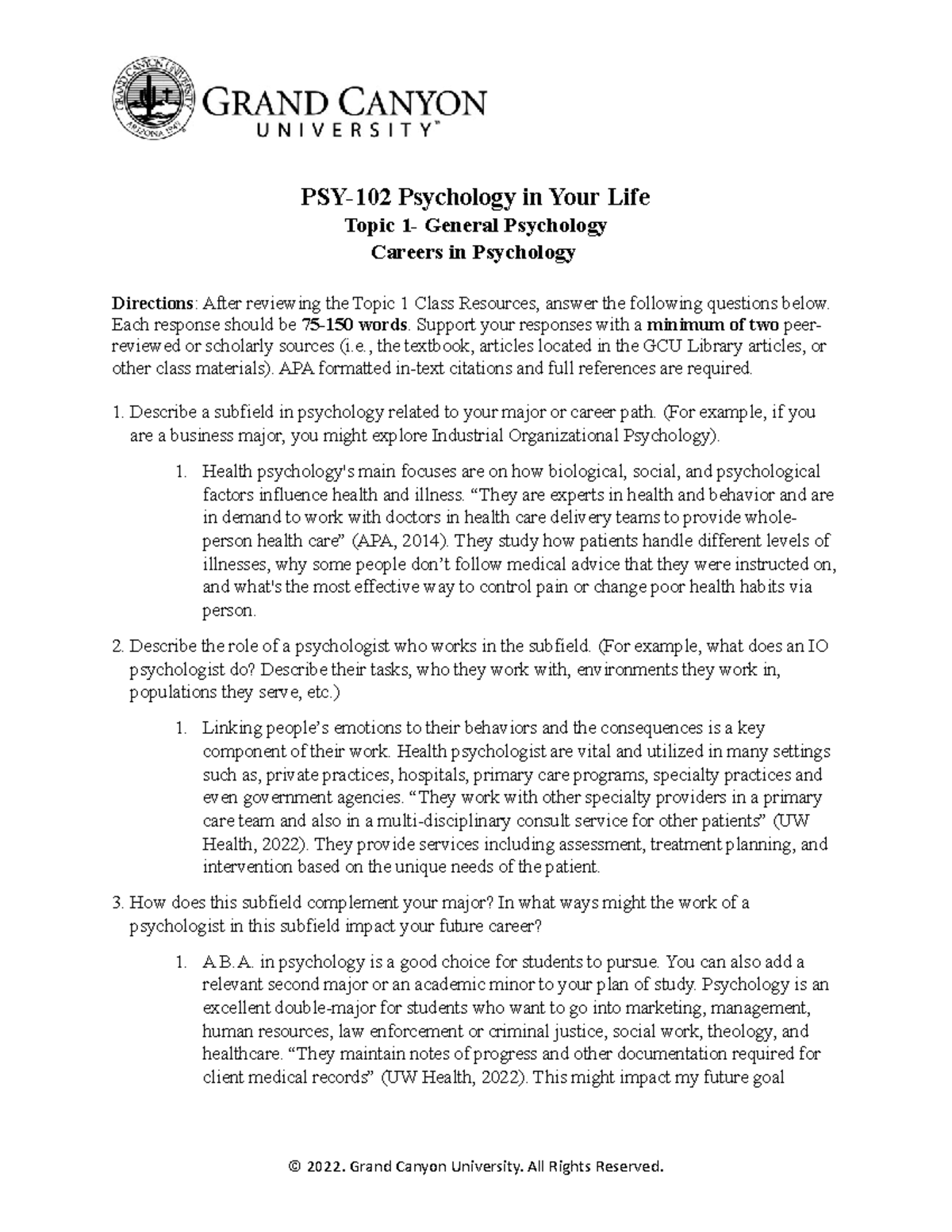 Careers in Psychology - PSY-102 Psychology in Your Life Topic 1 ...