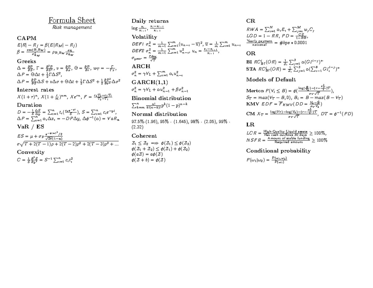 Formula Sheet - Approved - Formula Sheet Risk management log si si−1 ...