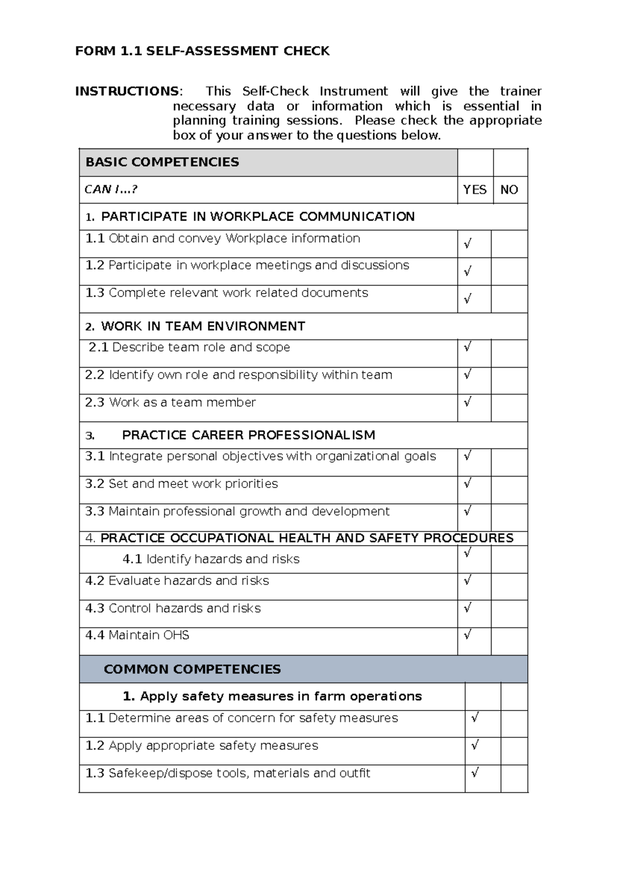 2 - Forms 1 - SUMMARY - FORM 1 SELF-ASSESSMENT CHECK INSTRUCTIONS: This Self-Check Instrument ...