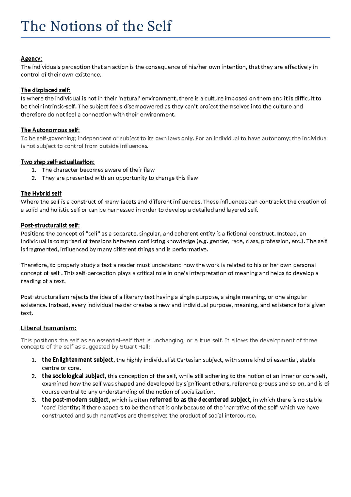 The Self Literary Theory - The Notions of the Self Agency: The ...