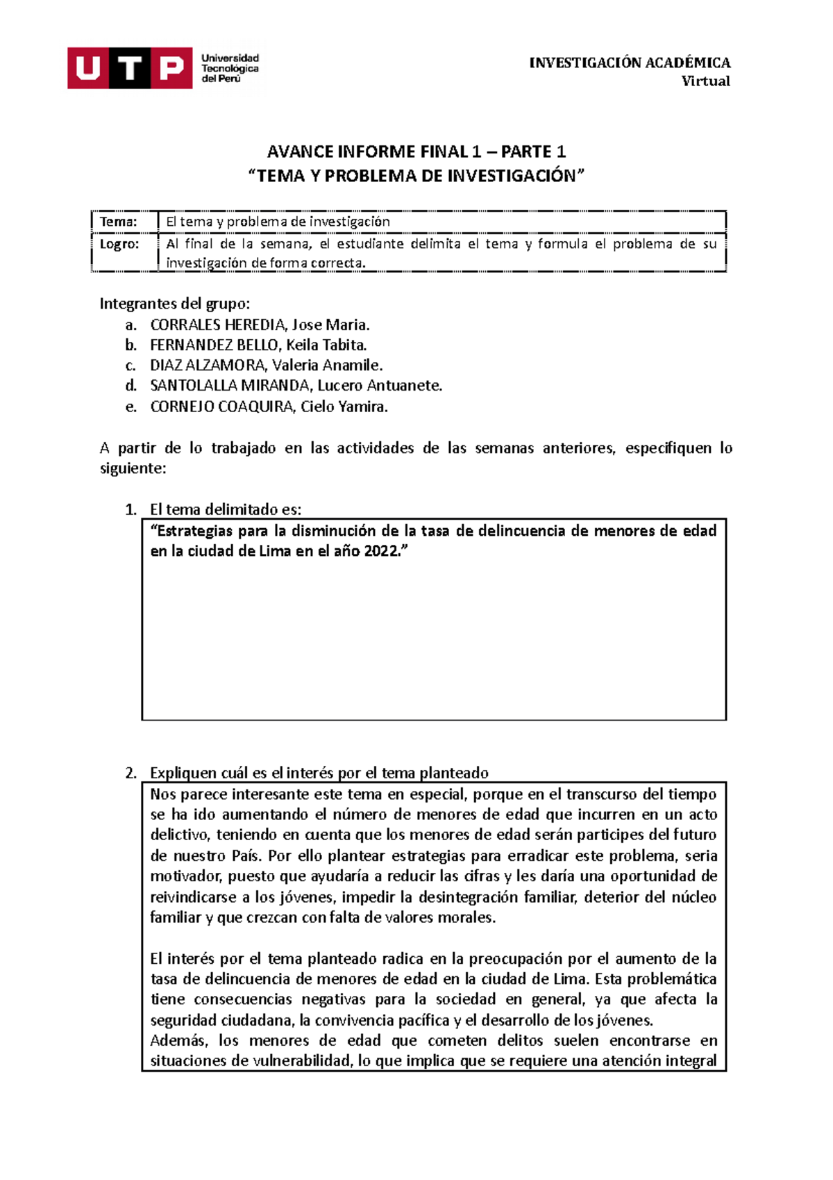 Semana 03-Formato Avance de Informe Final 1 - Parte 1 Tema y problema de investigación - AVANCE ...