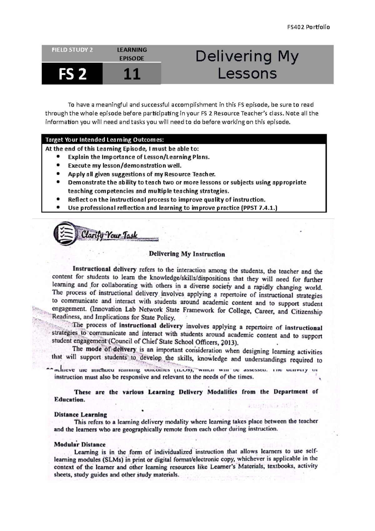 Episodes 11-13-1 - Jsjakqkquwhw - FIELD STUDY 2 LEARNING EPISODE Delivering My FS 2 11 Lessons ...