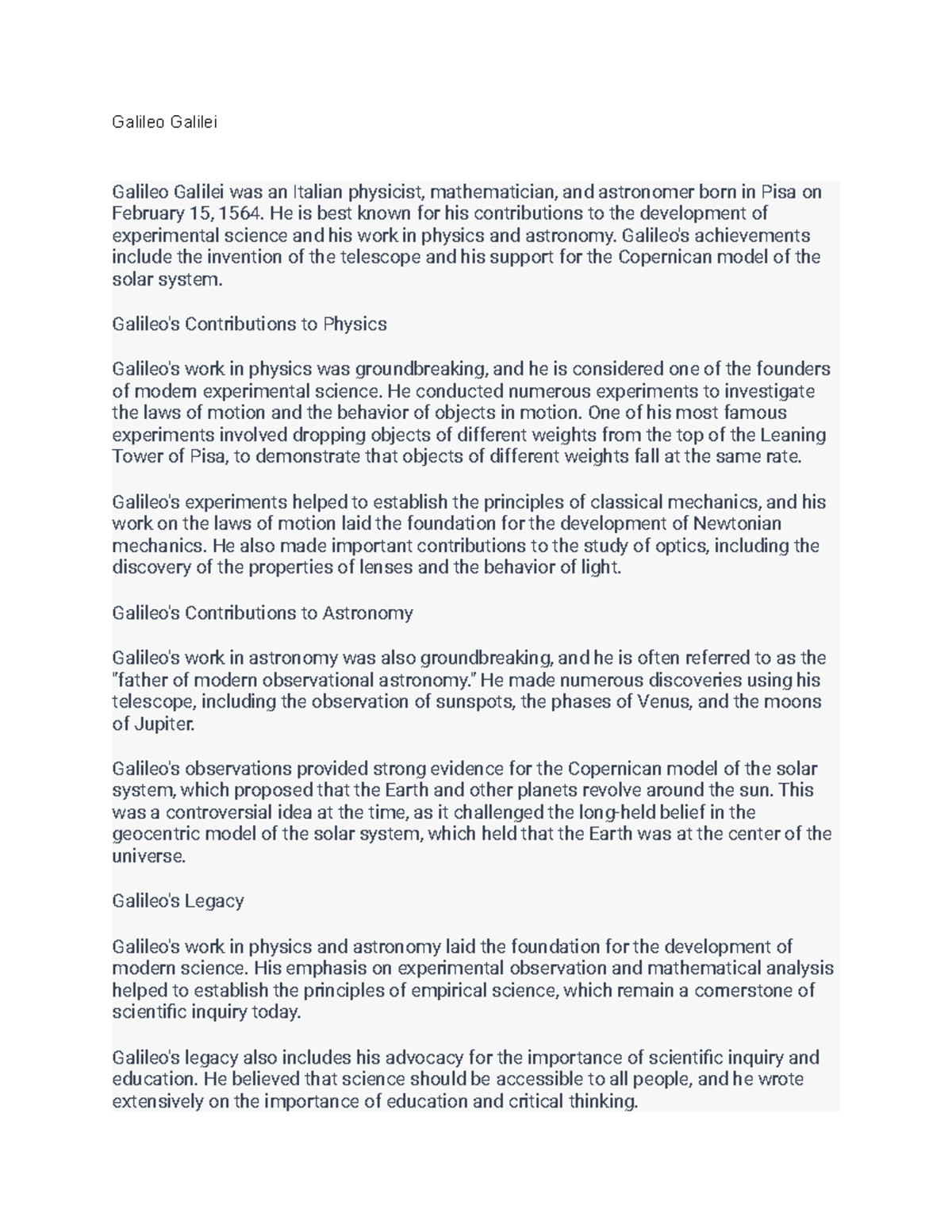 Galileo Galilei notes - Galileo Galilei Galileo Galilei was an Italian ...