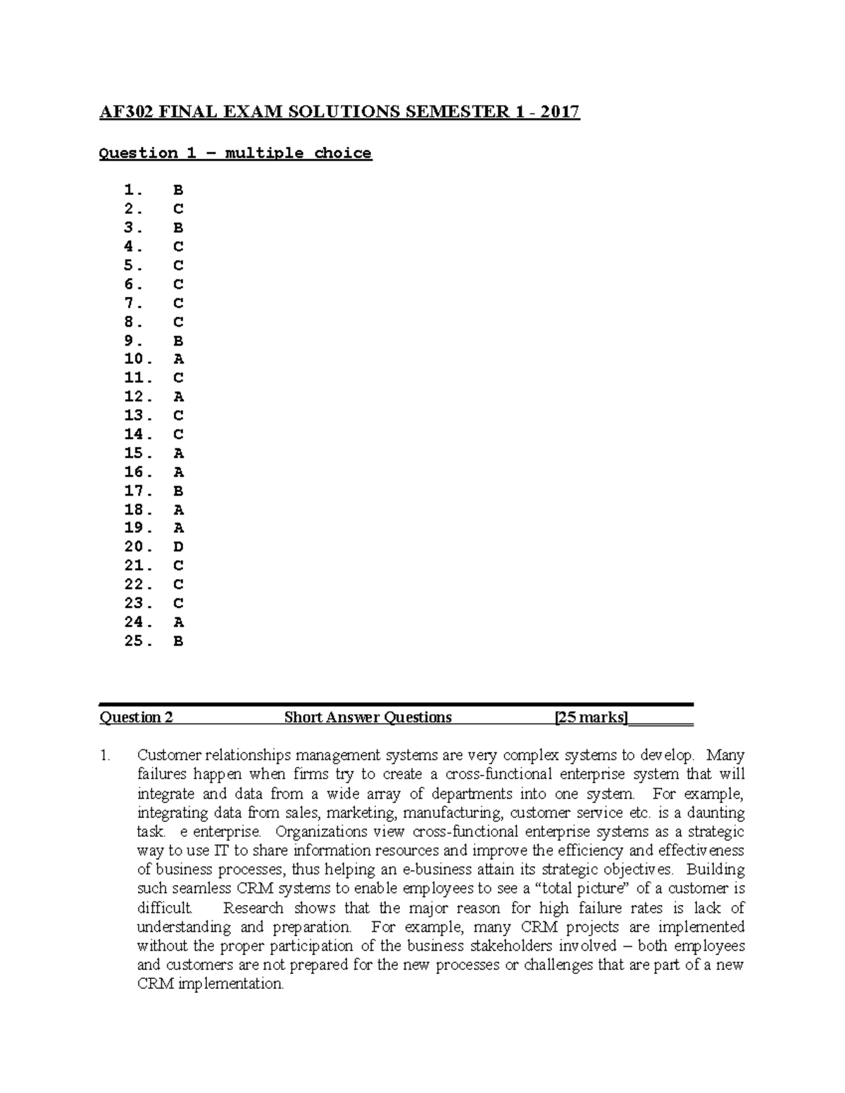 2017 AF302 Final EXAM Solutions Semester 1 - AF302 FINAL EXAM SOLUTIONS ...